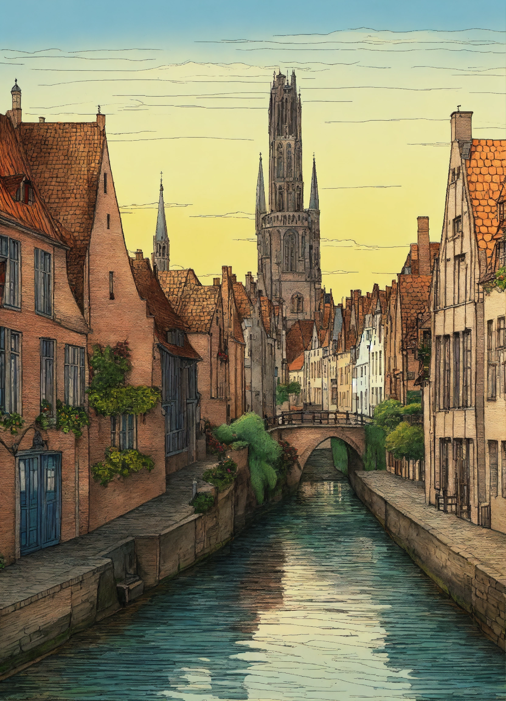 Lexica - View of the old city of Bruges in summer, Line drawing, lean ...