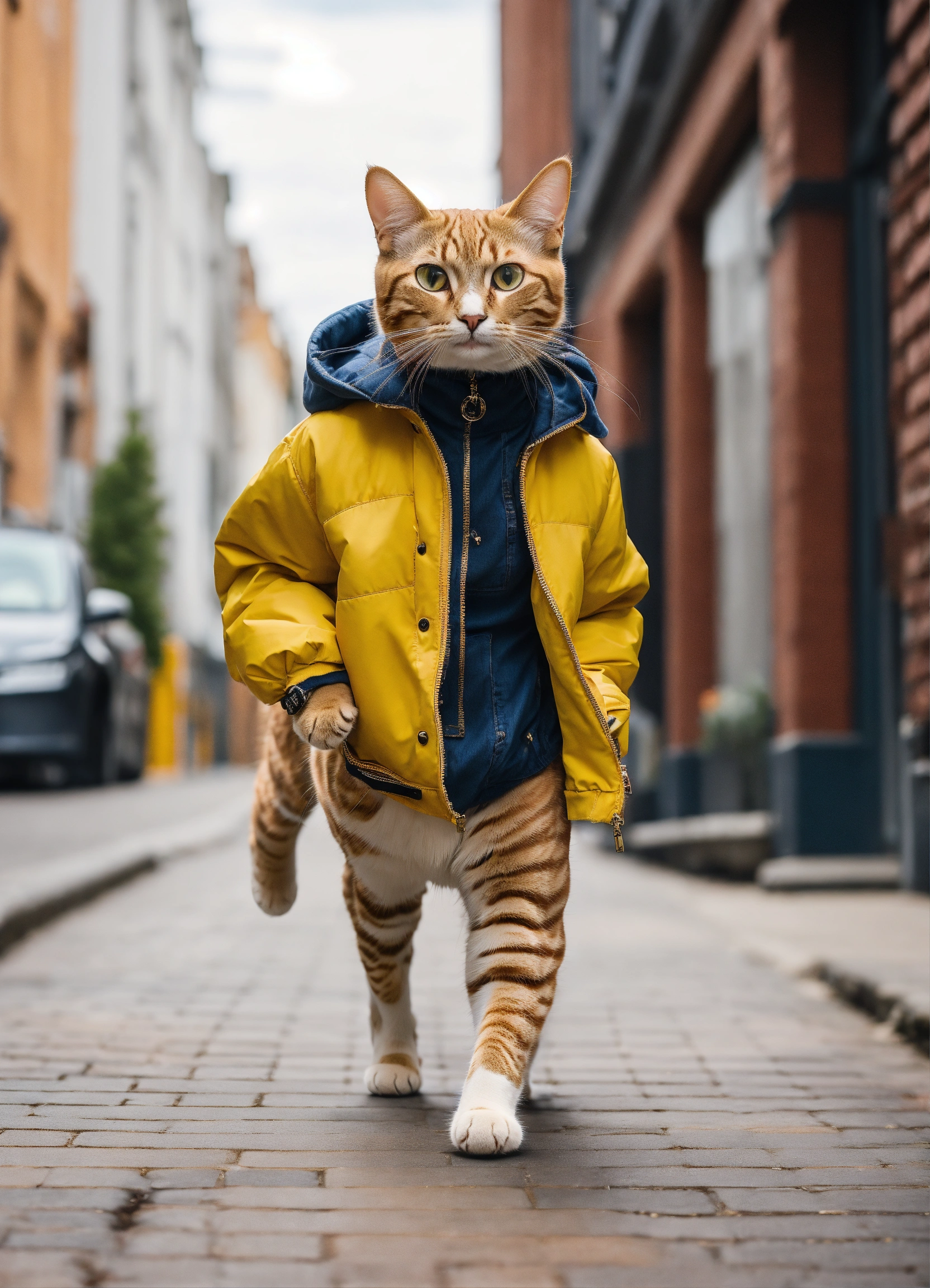 Lexica - A modern cat model walking on two legs,sporting fashionable ...