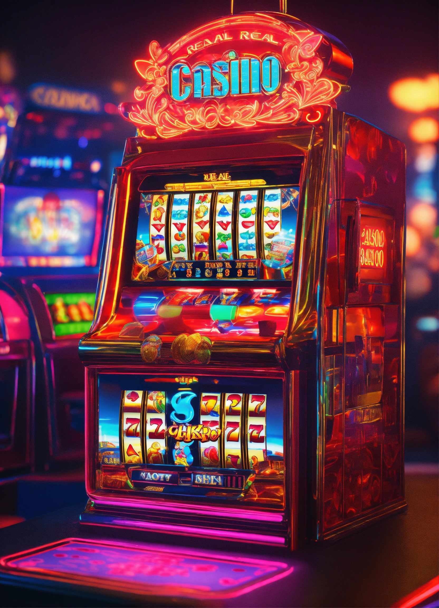 Lexica - 3D REAL 关公 casino slot machine in the gambling 8k neon lighting