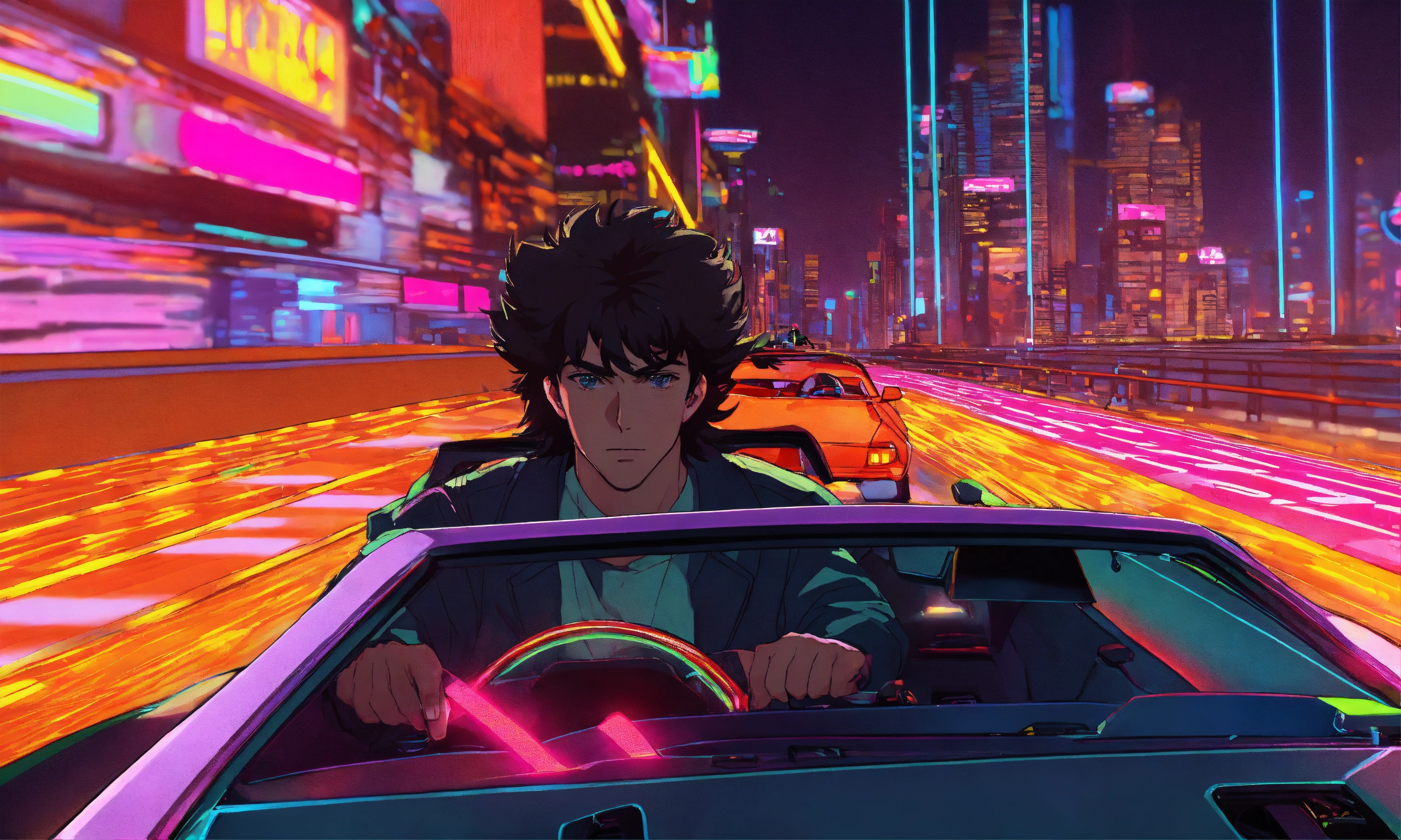 Lexica - 80s anime style, close up of man behind the wheel of sports ...