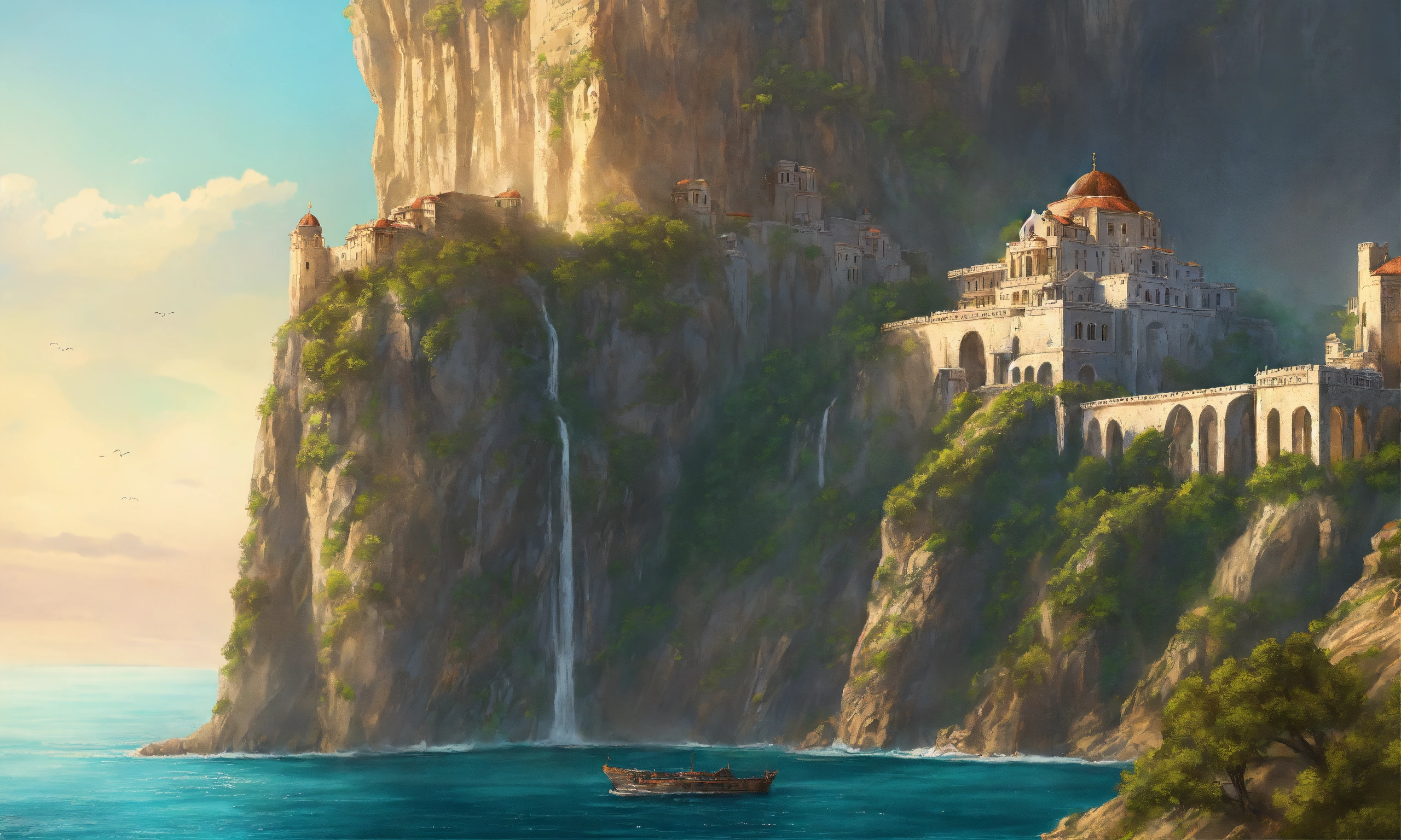 Lexica - Drawing of a fully shown elegant high elf sci fi castle on a ...