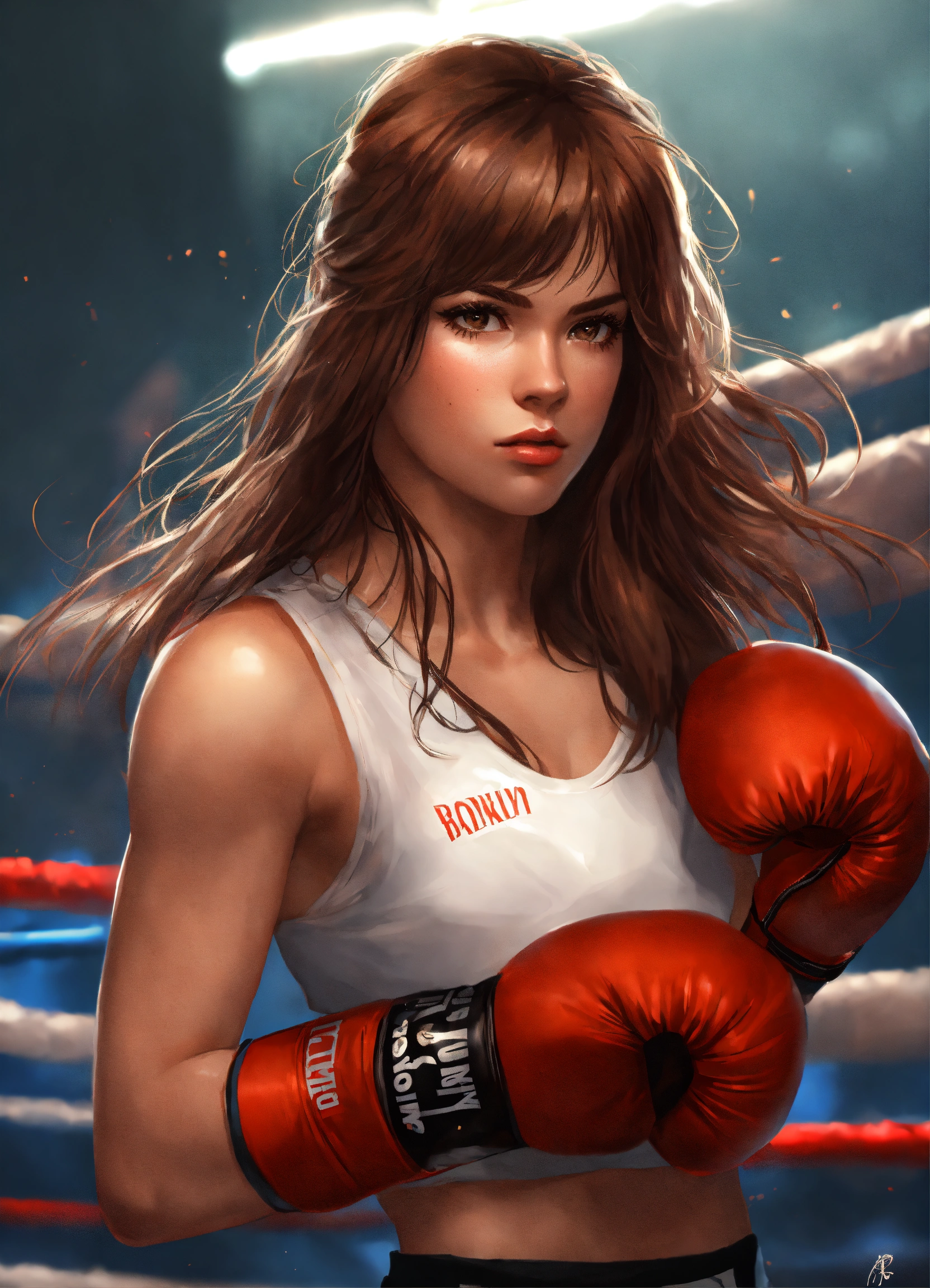 Lexica - White female, brown overgrown long hair, long bangs, boxing ...
