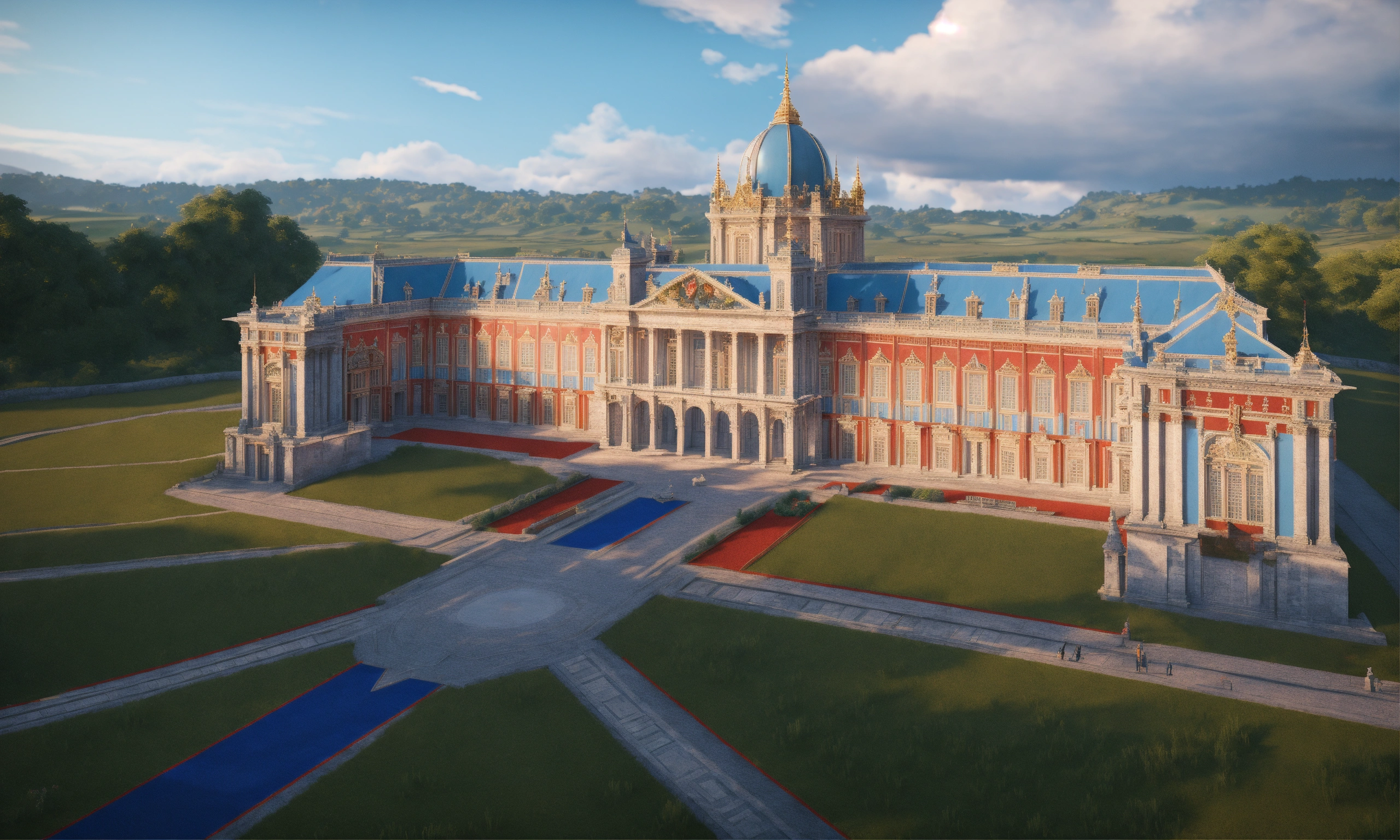 Lexica - Full image of a massive royal palace with light blue and red ...