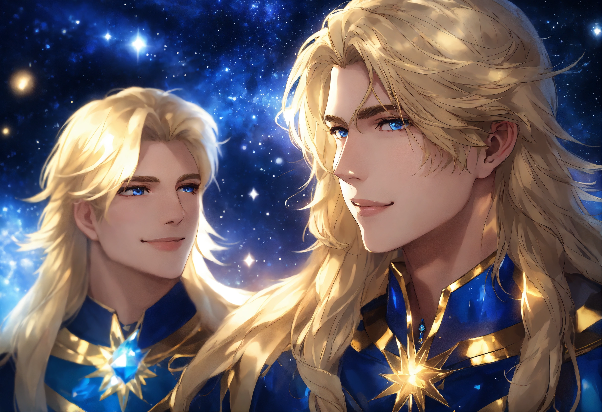 Lexica - Beautiful faces cosmic men long blond hair, smiling, blue and ...