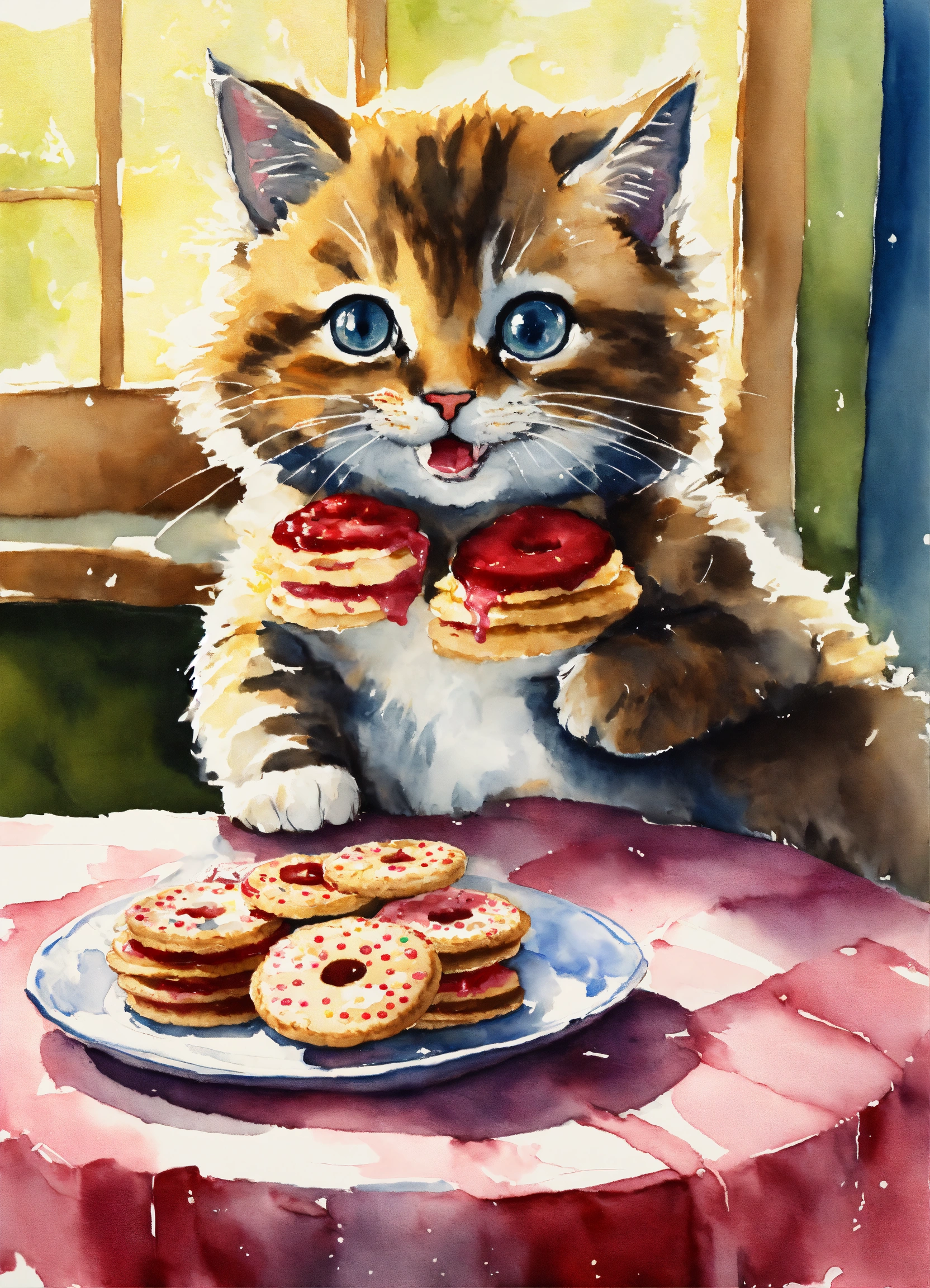 Lexica - Happy cat eating jammy dodger at a tea party , water-colour