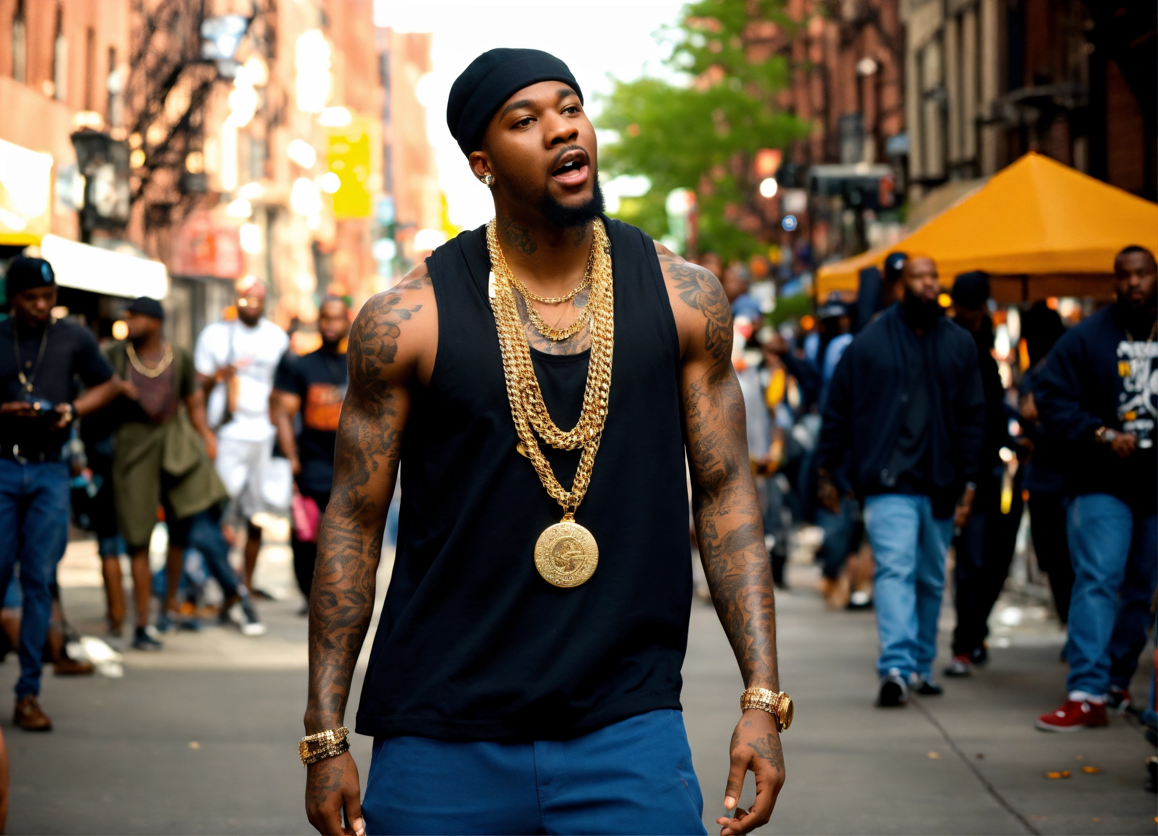 Lexica - Full body shot black battle rapper "Loaded Lux" walking in ...