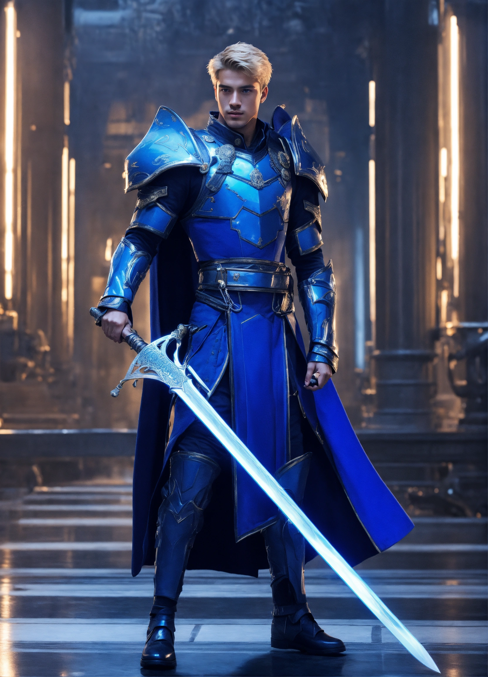 Lexica - Young blode male noble in futuristic blue uniform with steel ...