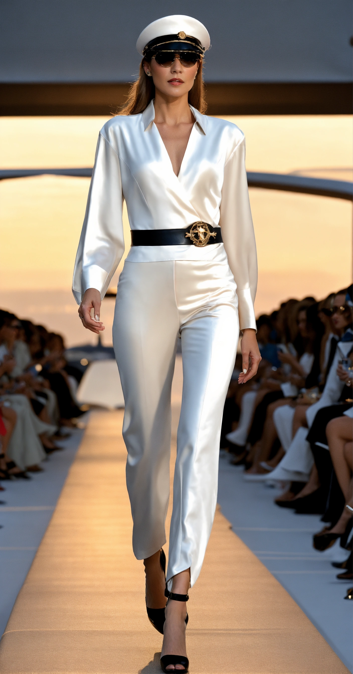 Lexica - 3d realistic photo of female captain walking runway during ...