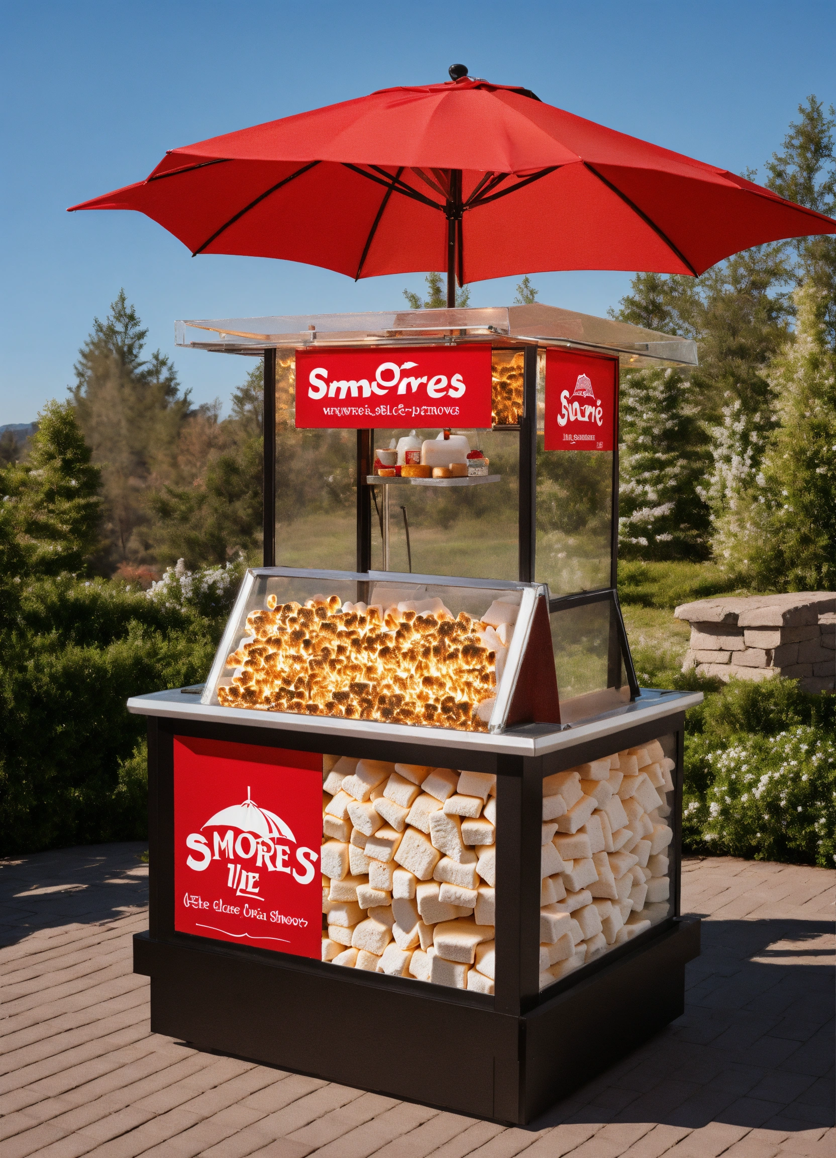 Lexica - Elegant ice igloo booth to sell smores outdoor with a red umbrella