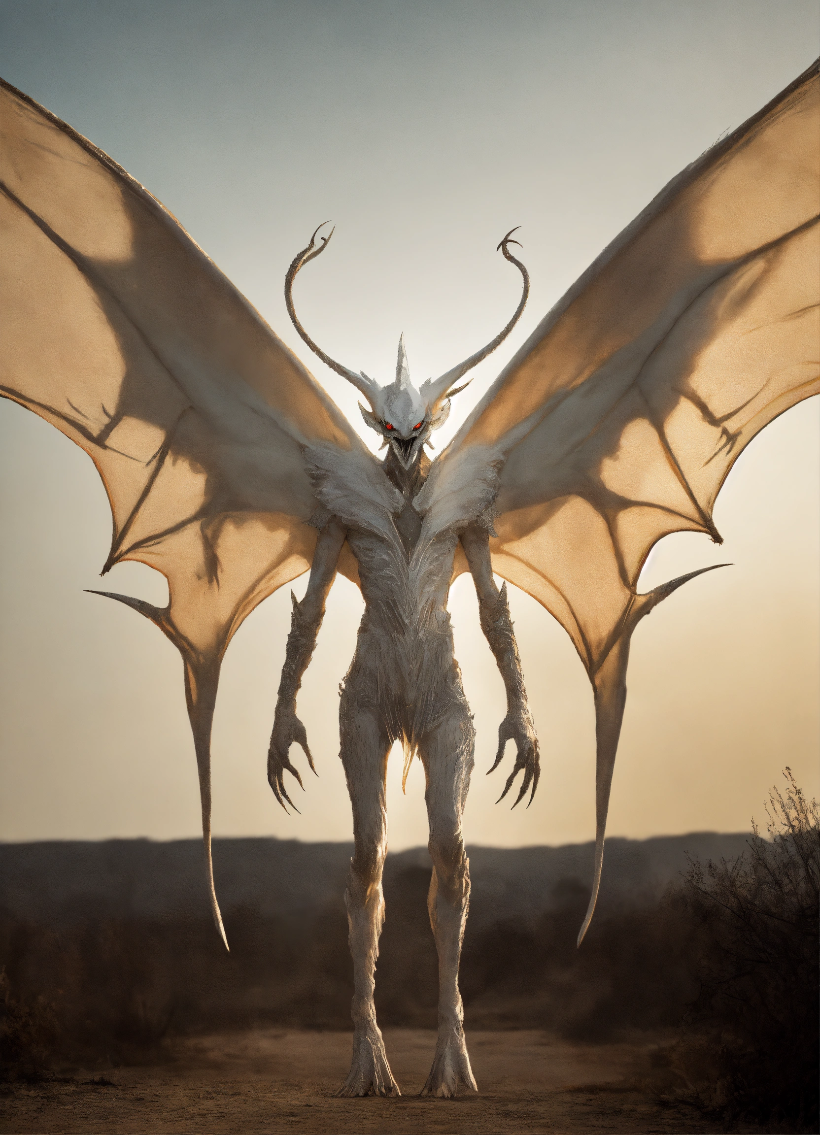 Lexica - 16-foot-tall, all-white, abstract slender winged demon, with 3 ...