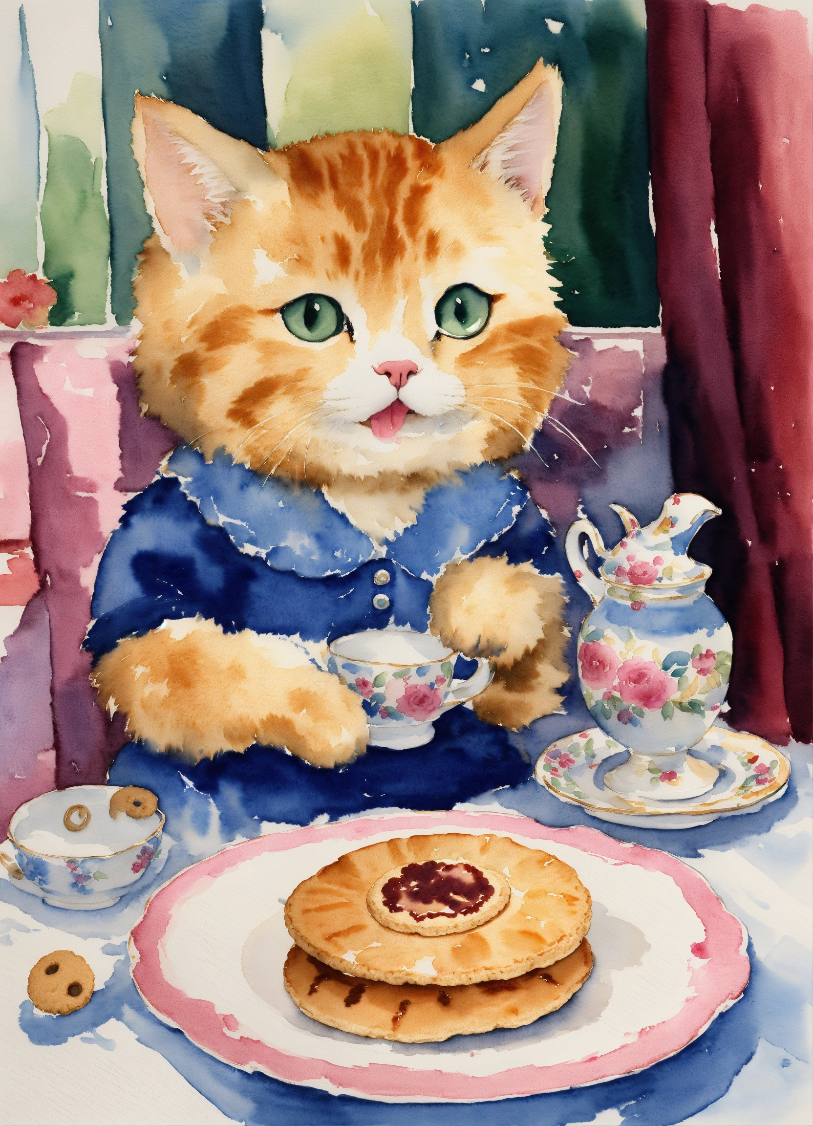 Lexica - Happy cat eating jammy dodger at a tea party , watercolor