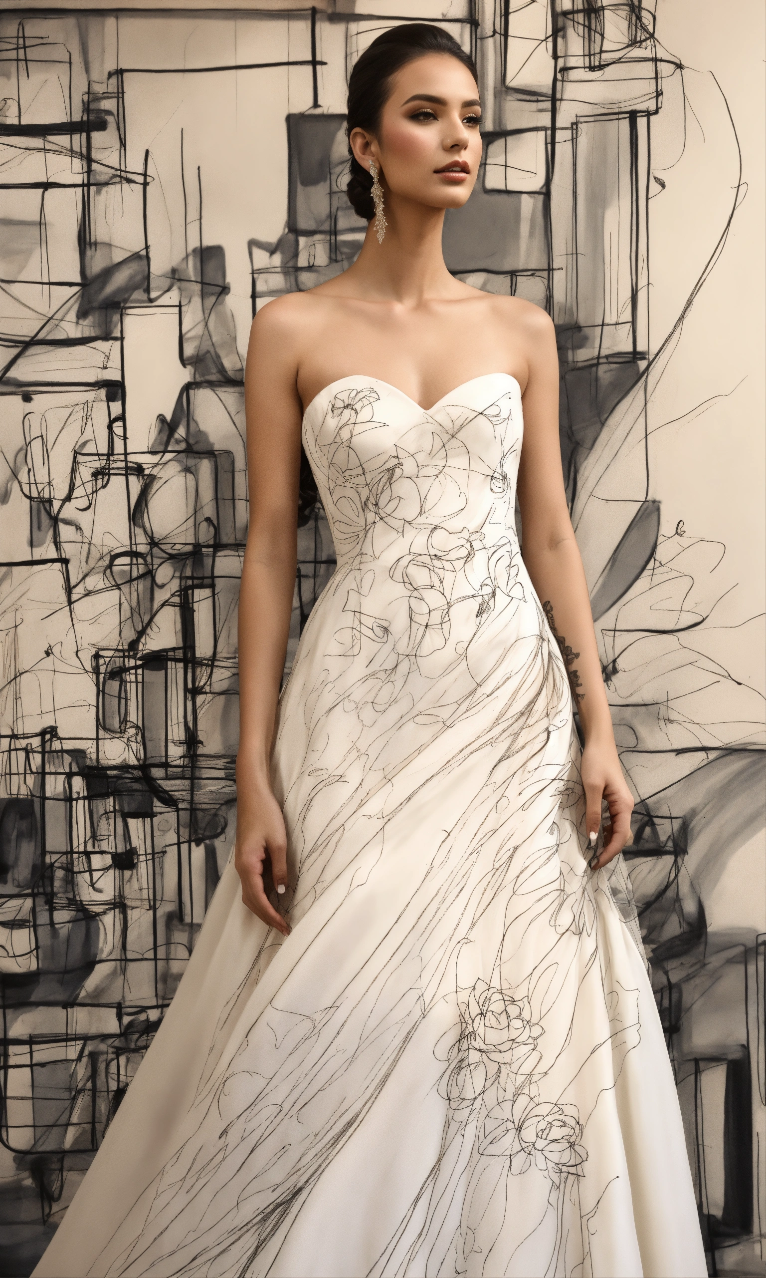 Lexica - Model, modern abstract, inked sketches, wearing bridal gown.