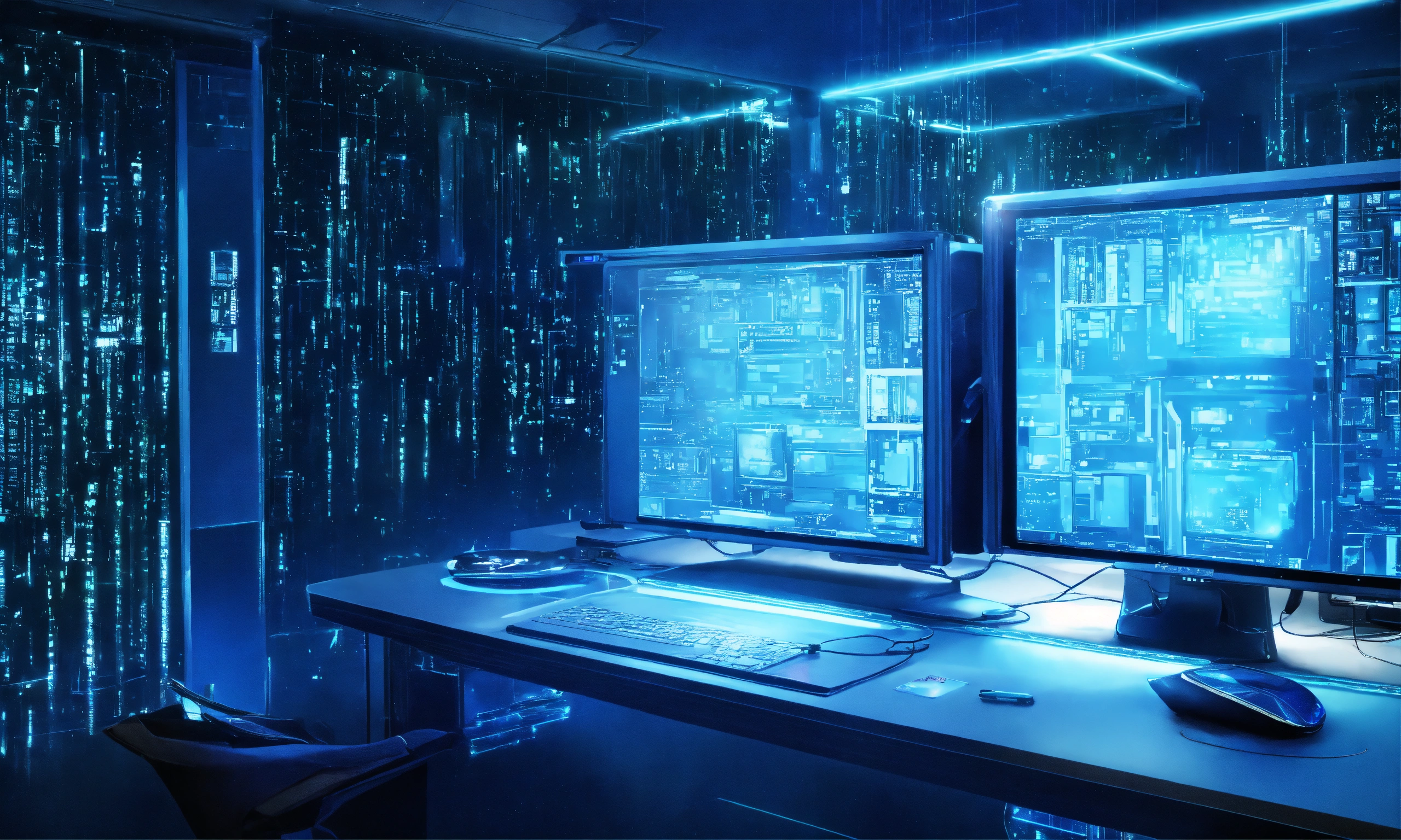 Lexica - Blue wallpaper 4 hackers in futuristic room hacking on ...