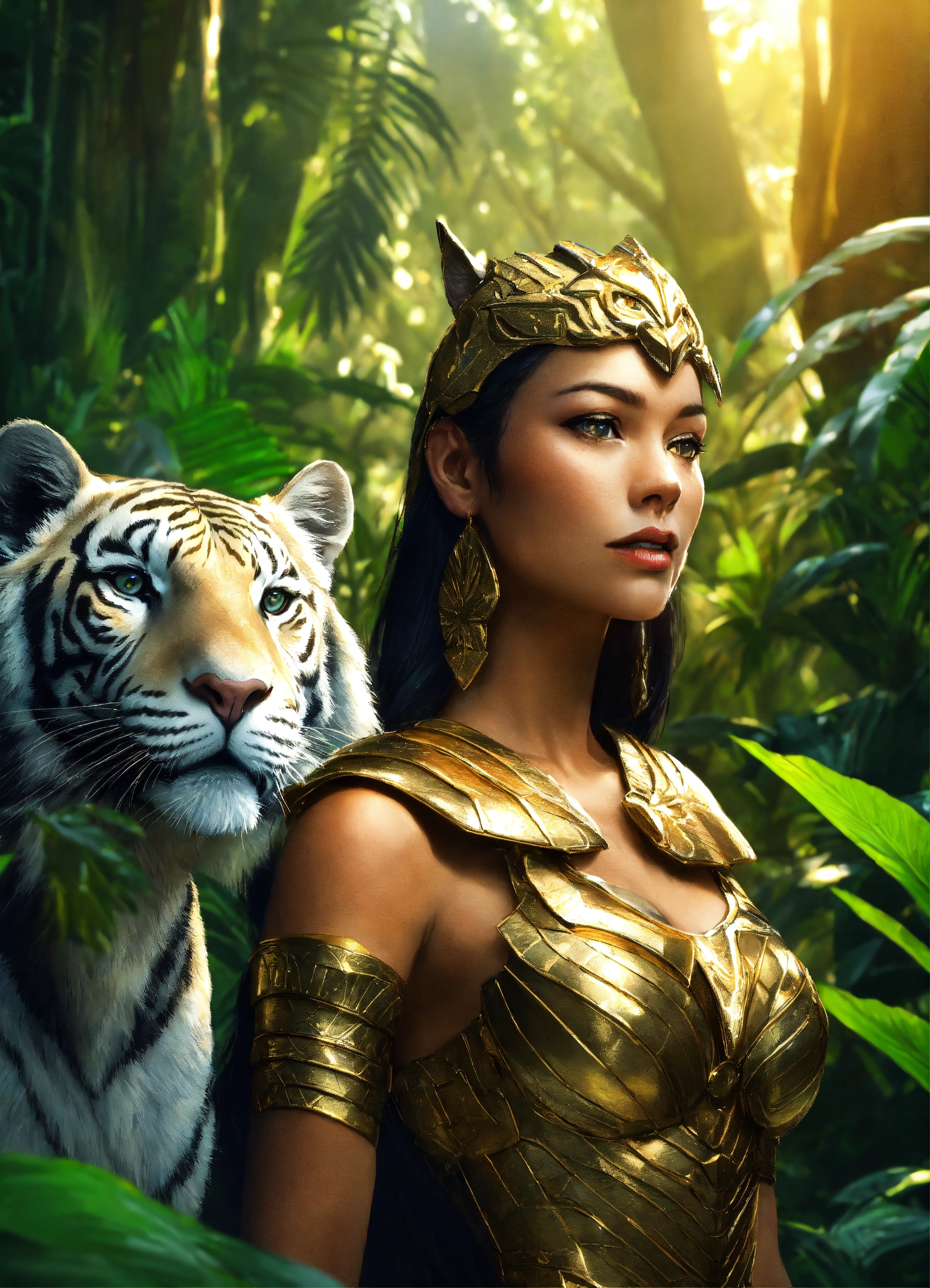Lexica - A realistic beautiful Amazon warrior in gold armor with a ...