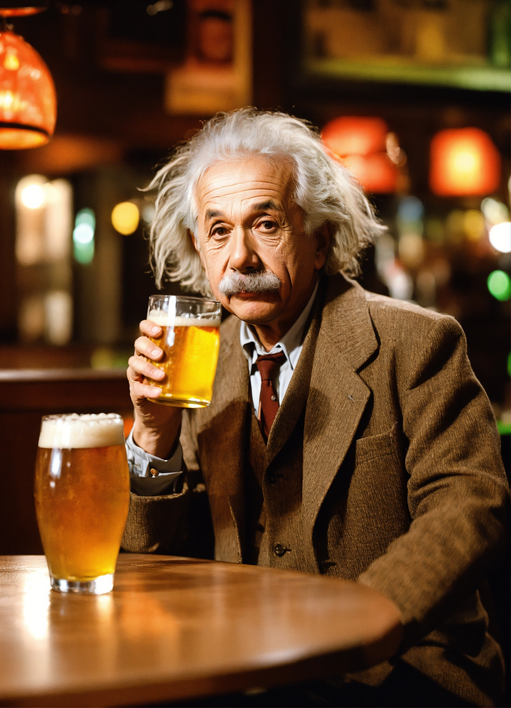 Lexica - Albert Einstein drinking beer at a bar while playing trivia