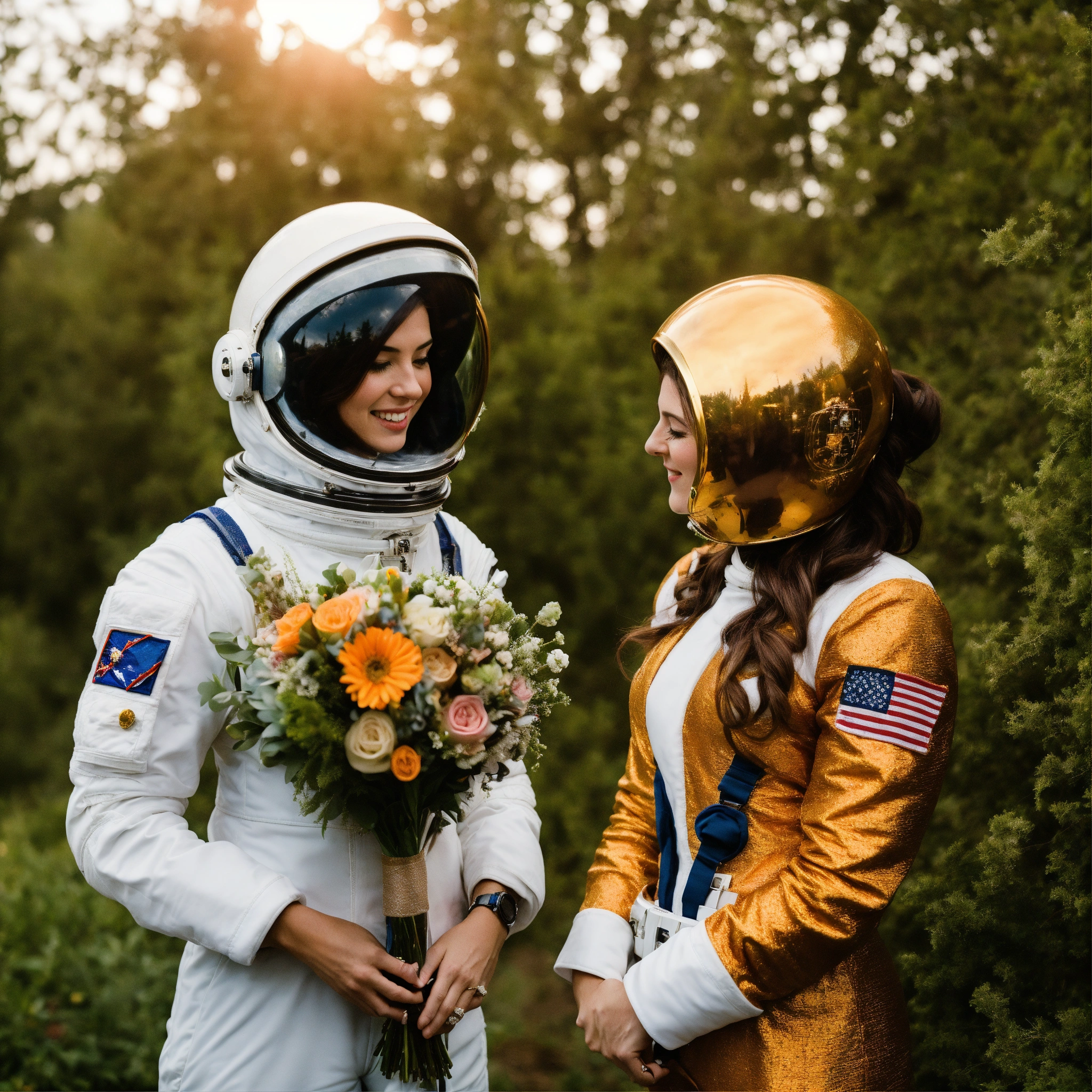 Lexica - Astronaut, realistic, the bride with astronaut helmet and groom