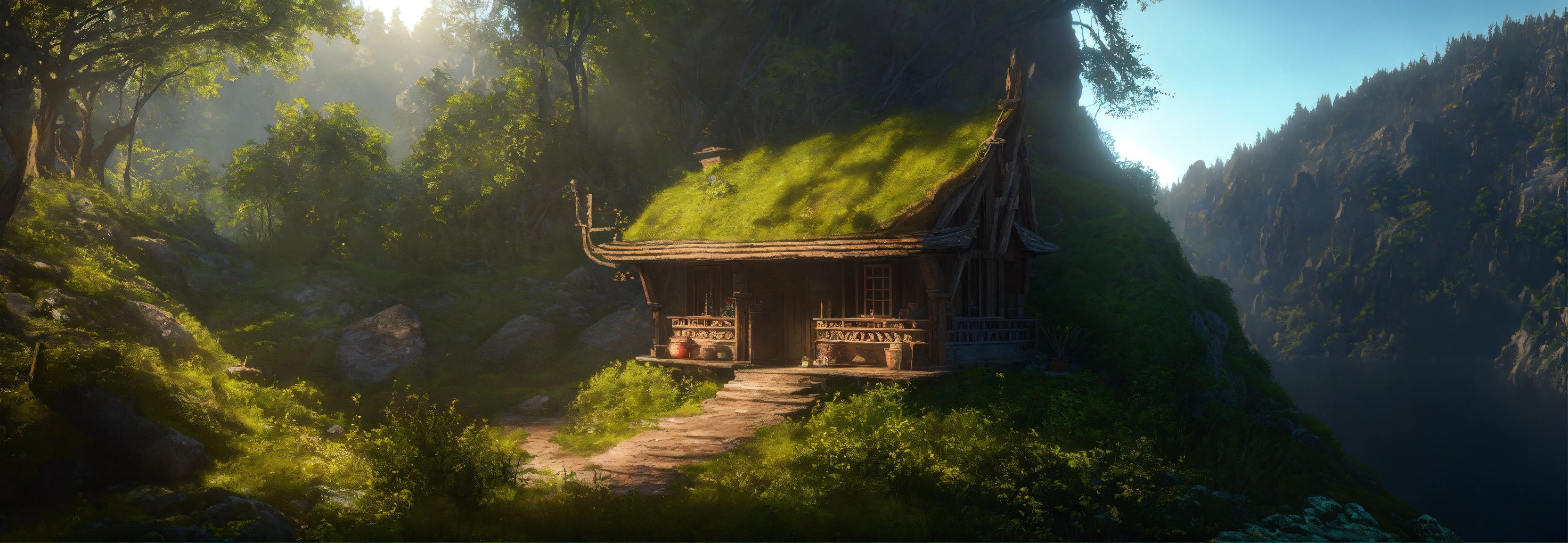 Lexica - Raw photo, an elven style hut in a clifftop in an enchanted ...