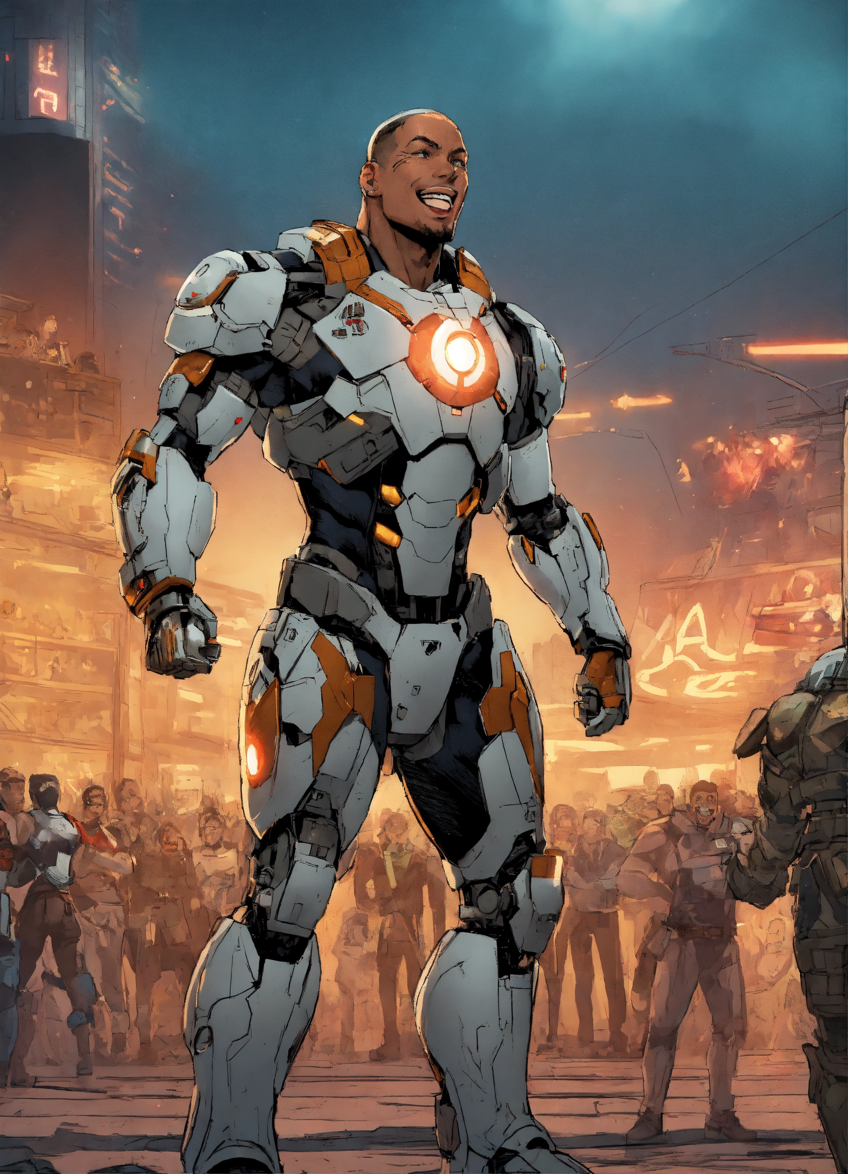 Lexica - Cyborg telling a joke making a crowd laugh loud