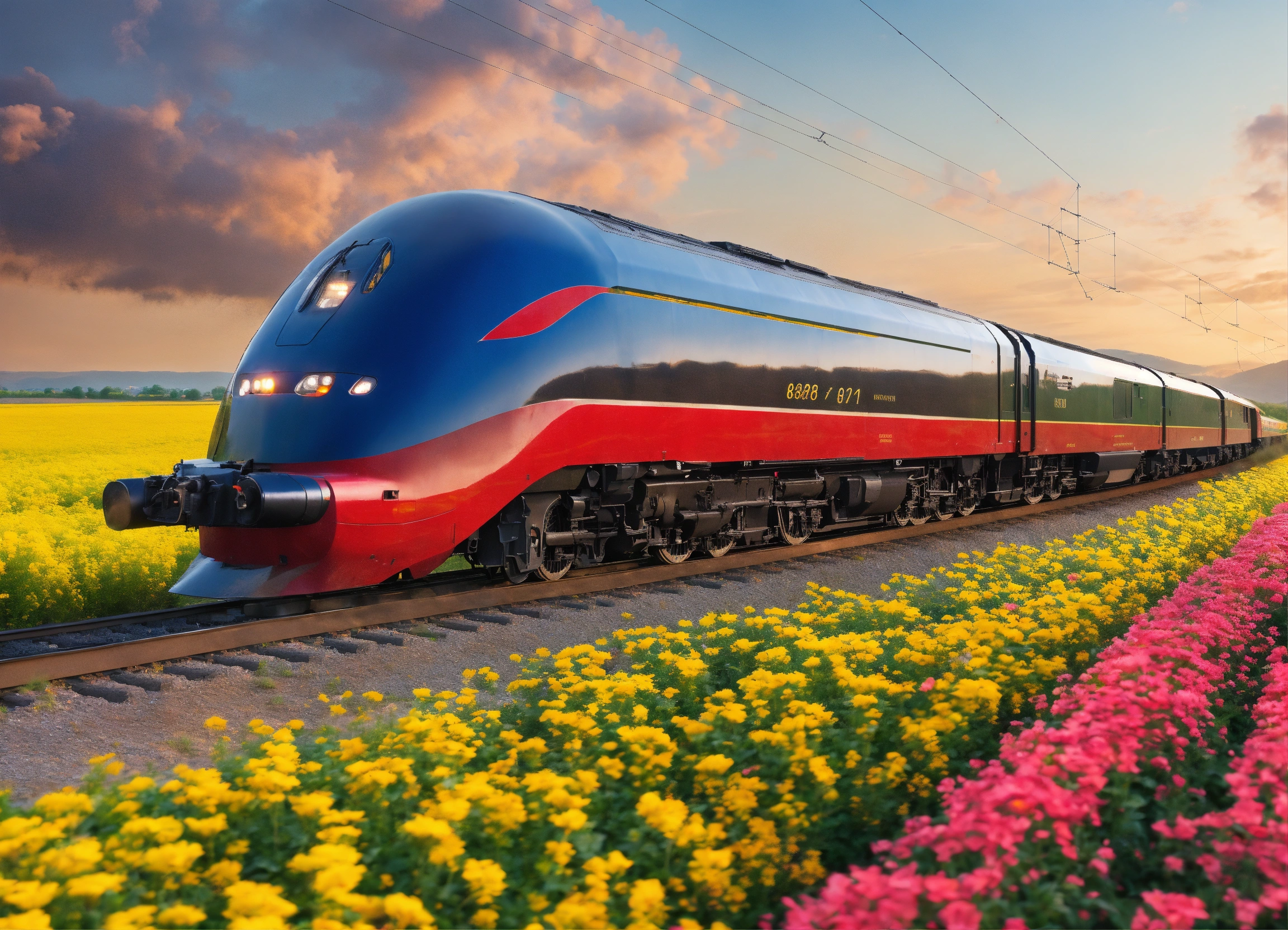 Lexica - Streamlined locomotive running through a flower field,8k ...