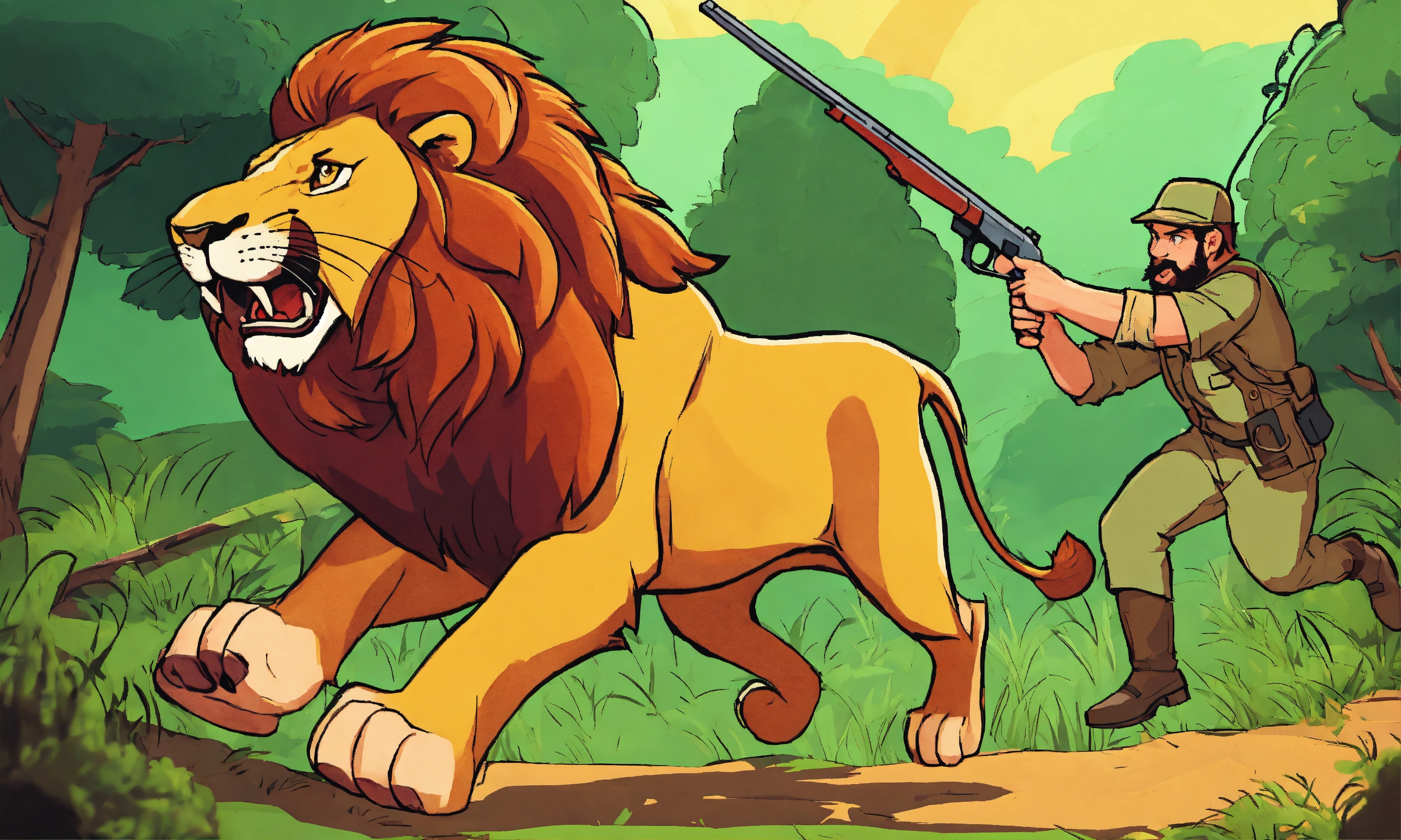 Lexica - Cartoon lion chasing attacking men hunters