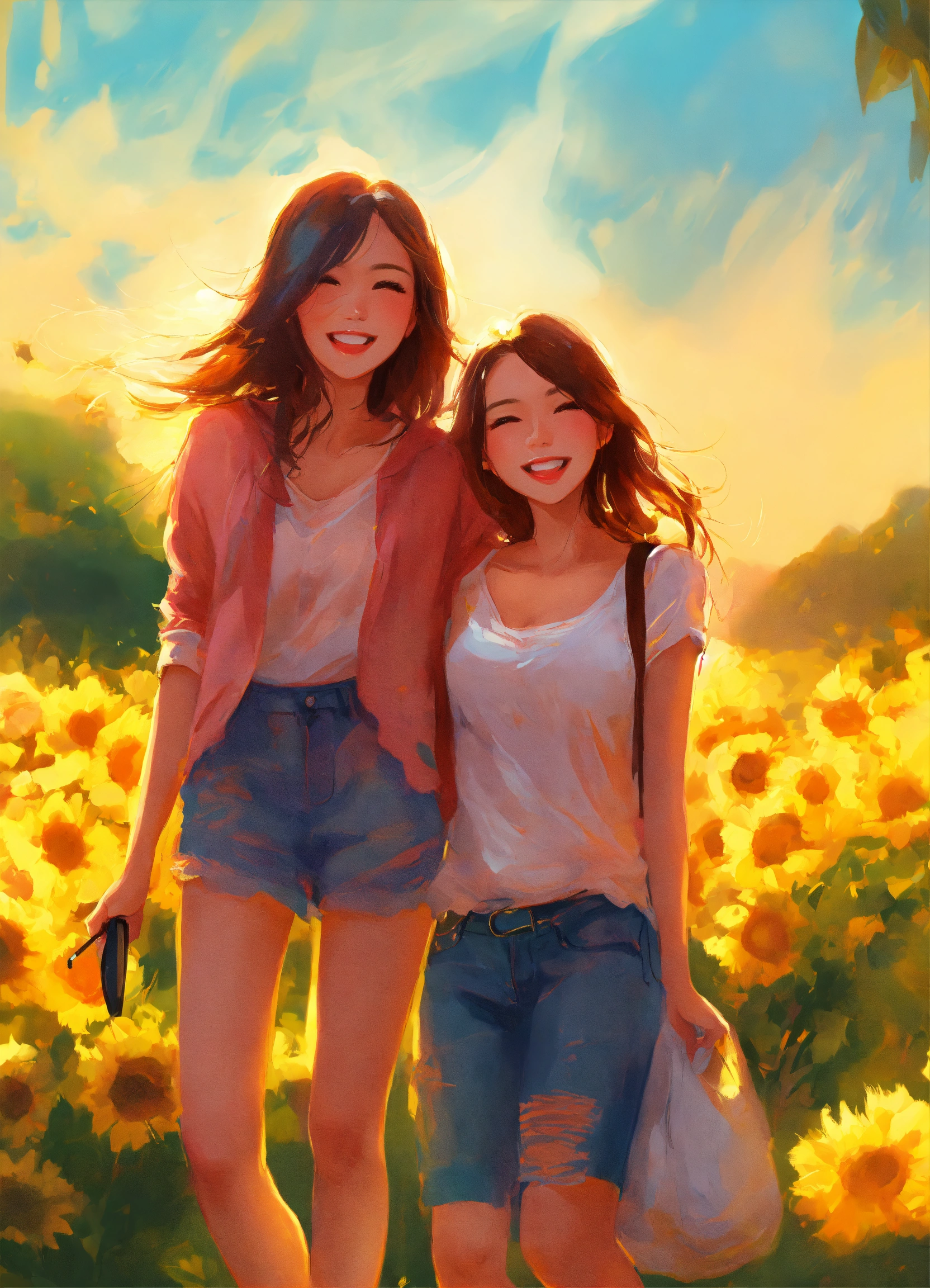 Lexica - Girl best friend happy, sunny bg, digital art, brush oil bg