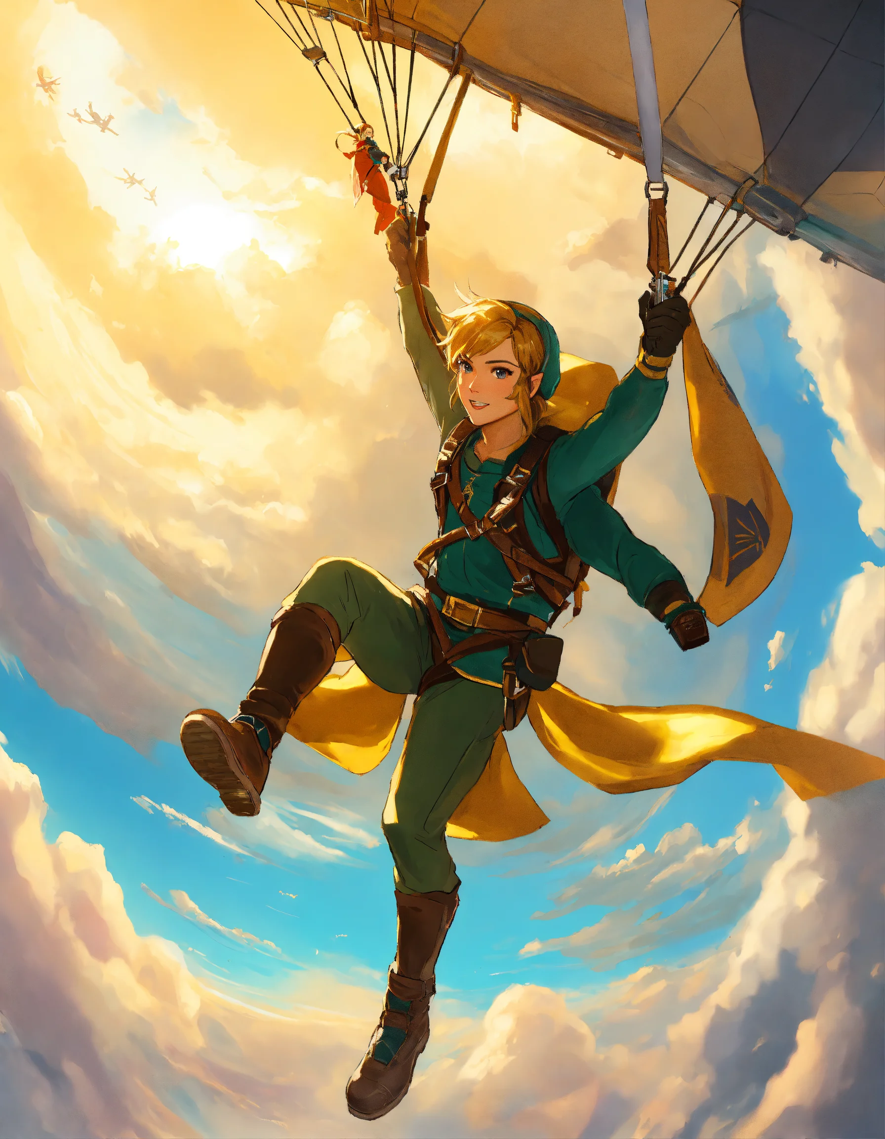 Lexica - Selfie of Link skydiving with a paraglider, in a black and ...