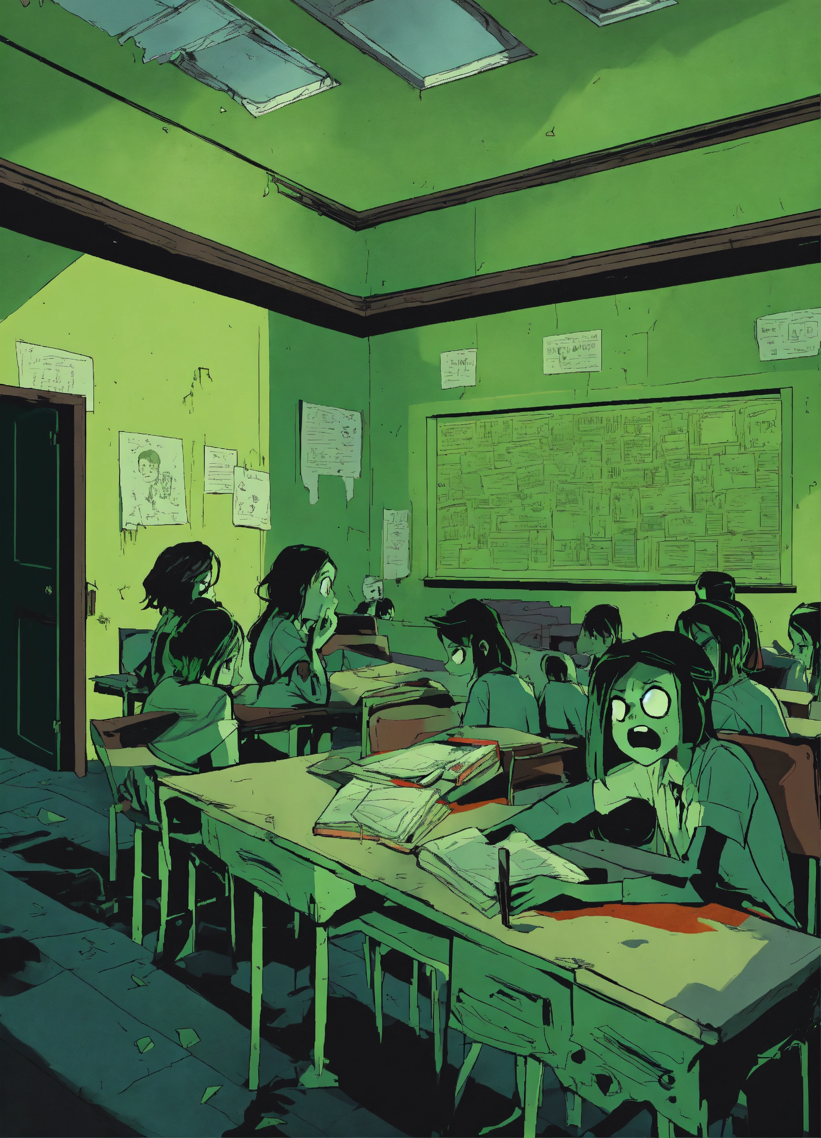 Lexica - Design a comic cartoon poster depicting a decrepit classroom ...
