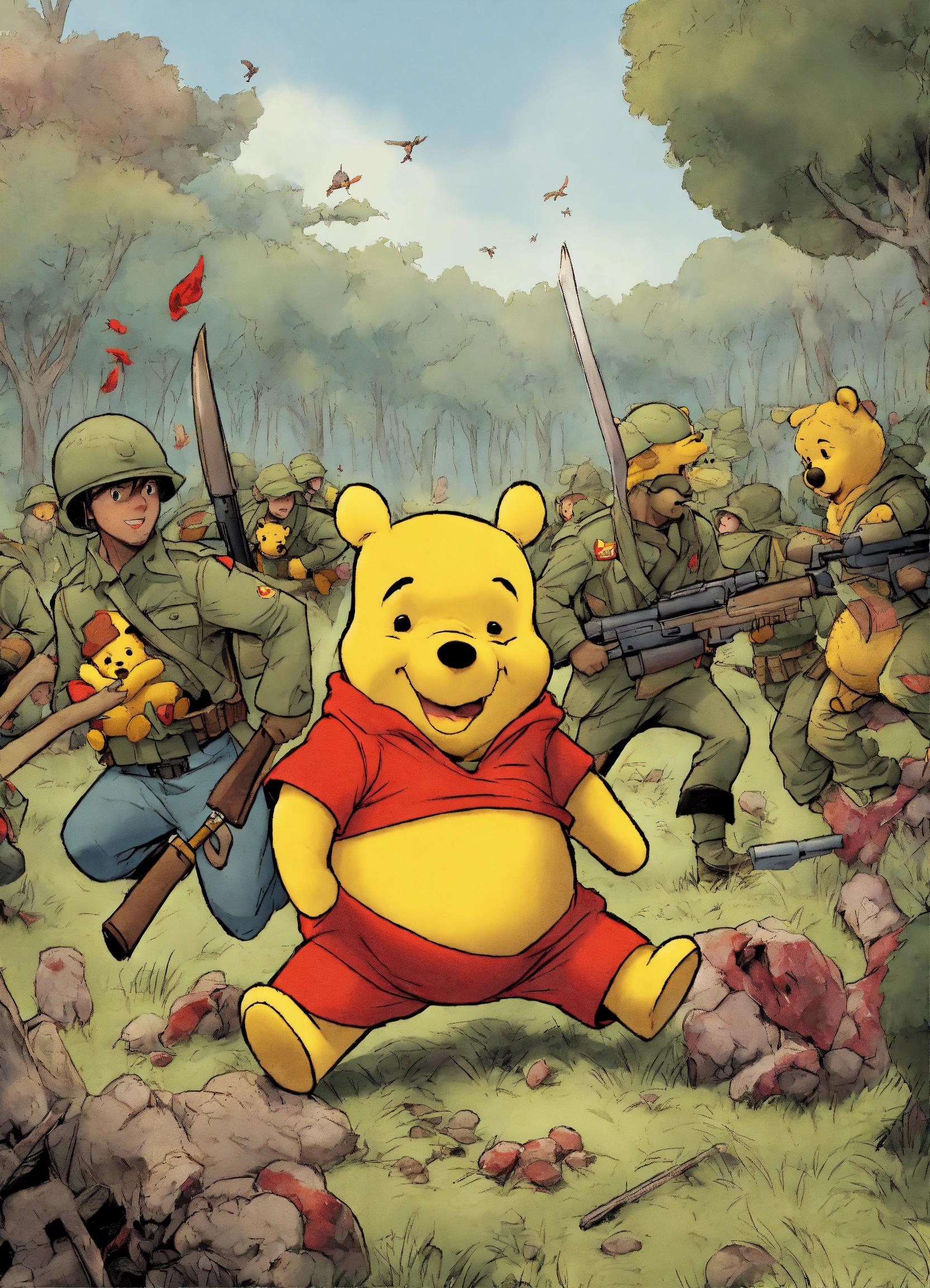 Lexica - Winnie the Pooh as a soldier fighting the zombies.