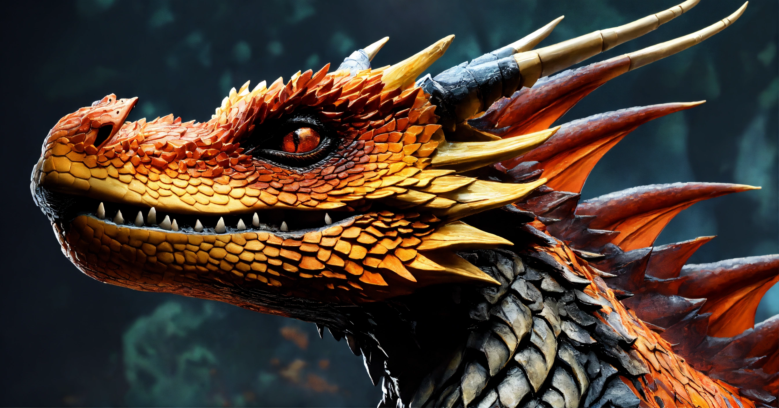 Lexica - Stunning, lifelike dragon with orange (HEX = FF5500) features.
