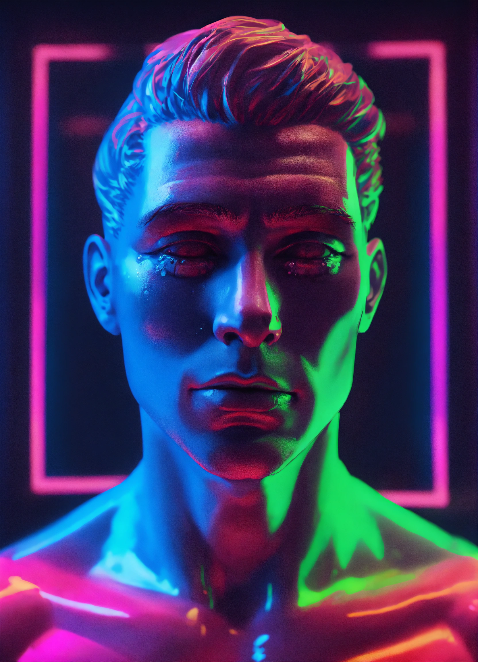 Lexica - Bust of a man's head and shoulders, neon color glow, crying ...