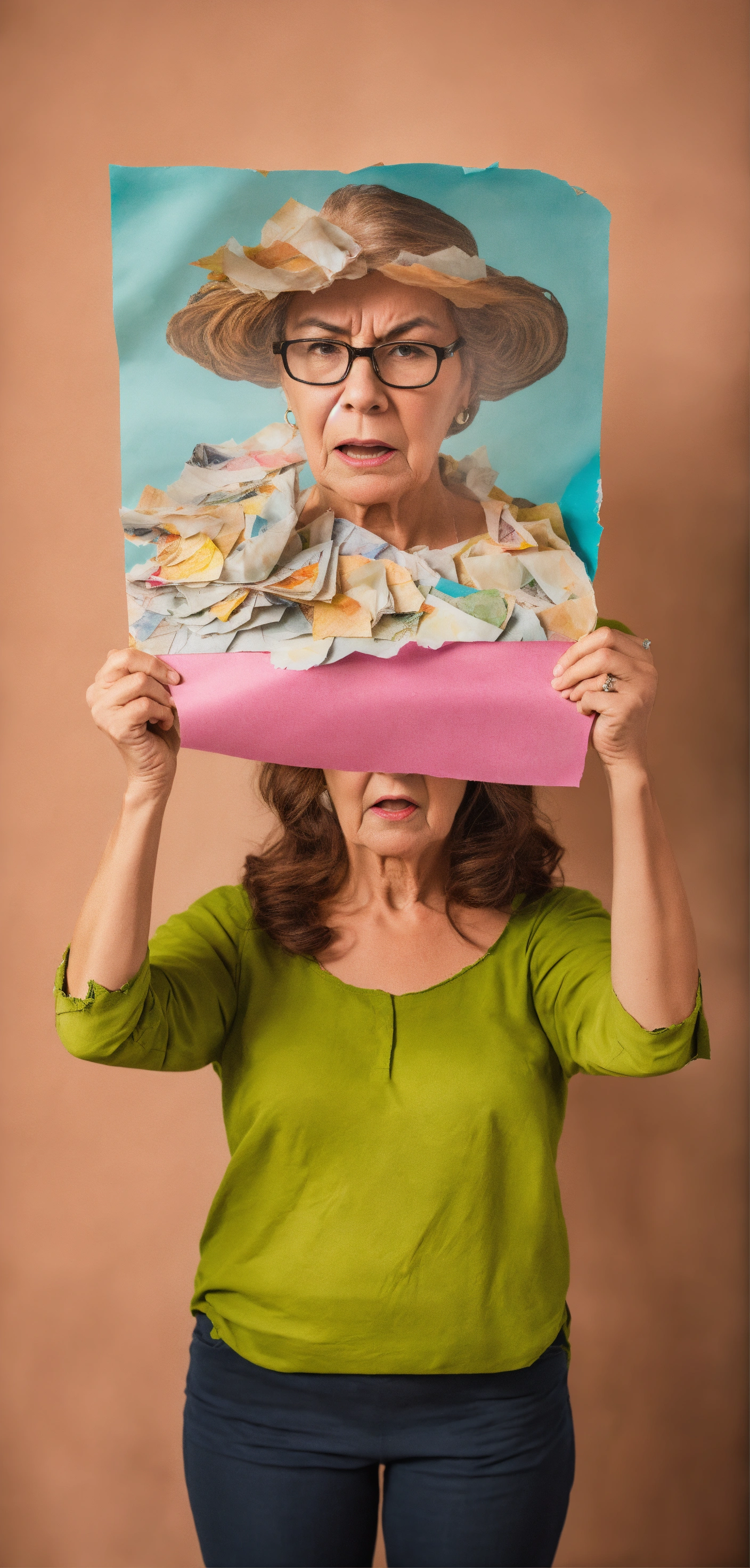 Lexica - Angry aunt holding crumpled torn colored paper with photos and ...