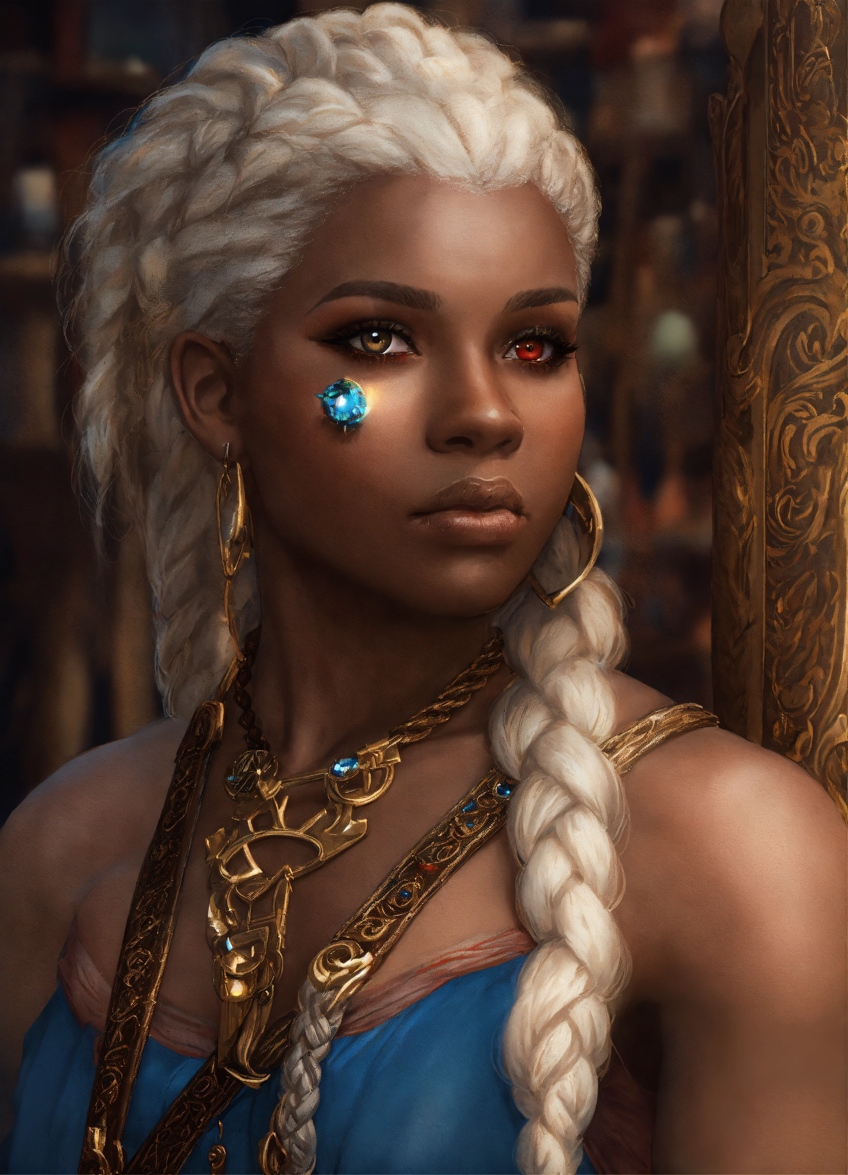 Lexica - Portrait of a dwarf bard, dark skin, braided platinum blonde ...