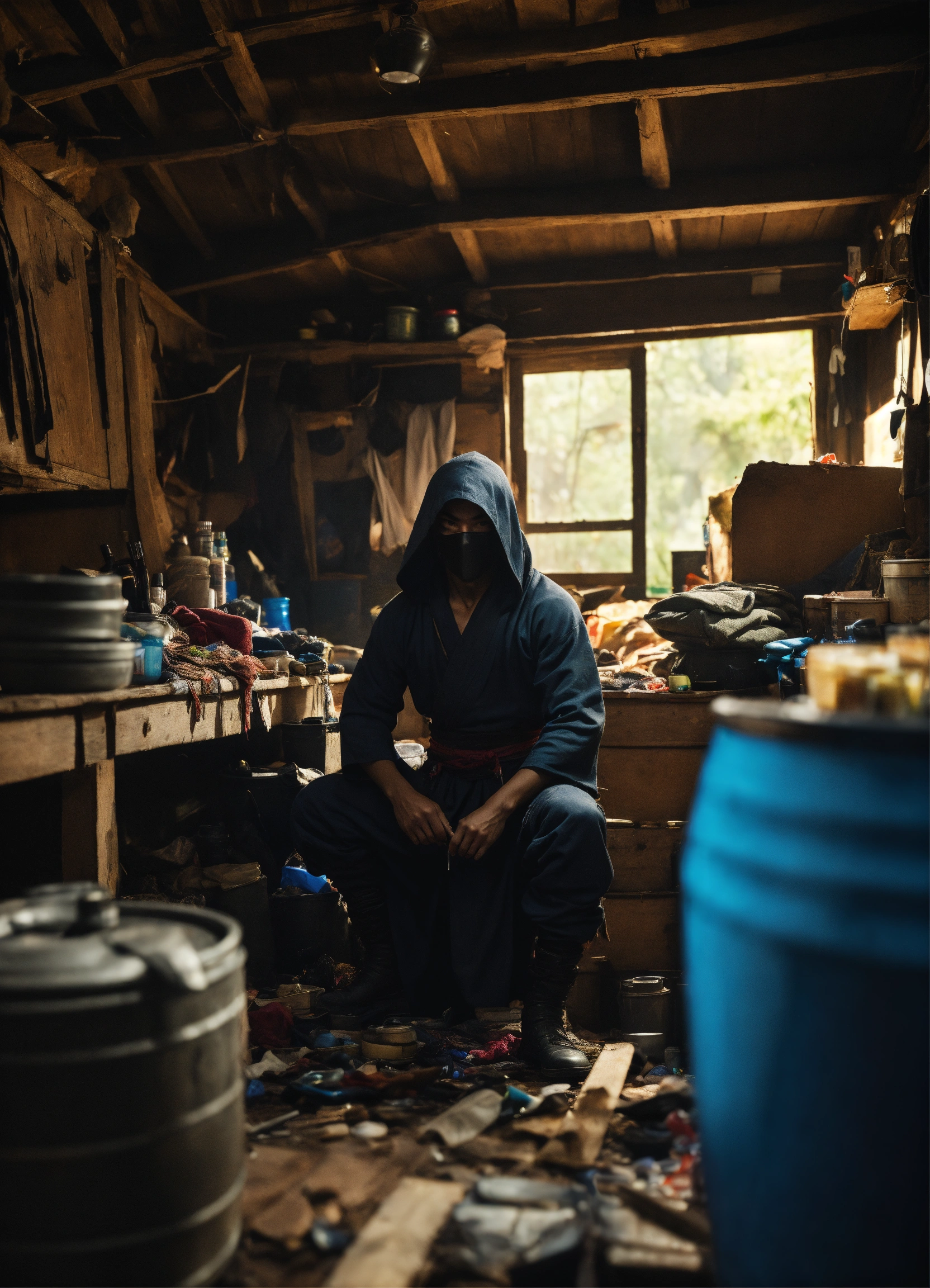 Lexica - Wide angle Environmental shot of ninja assassin in a cluttered ...