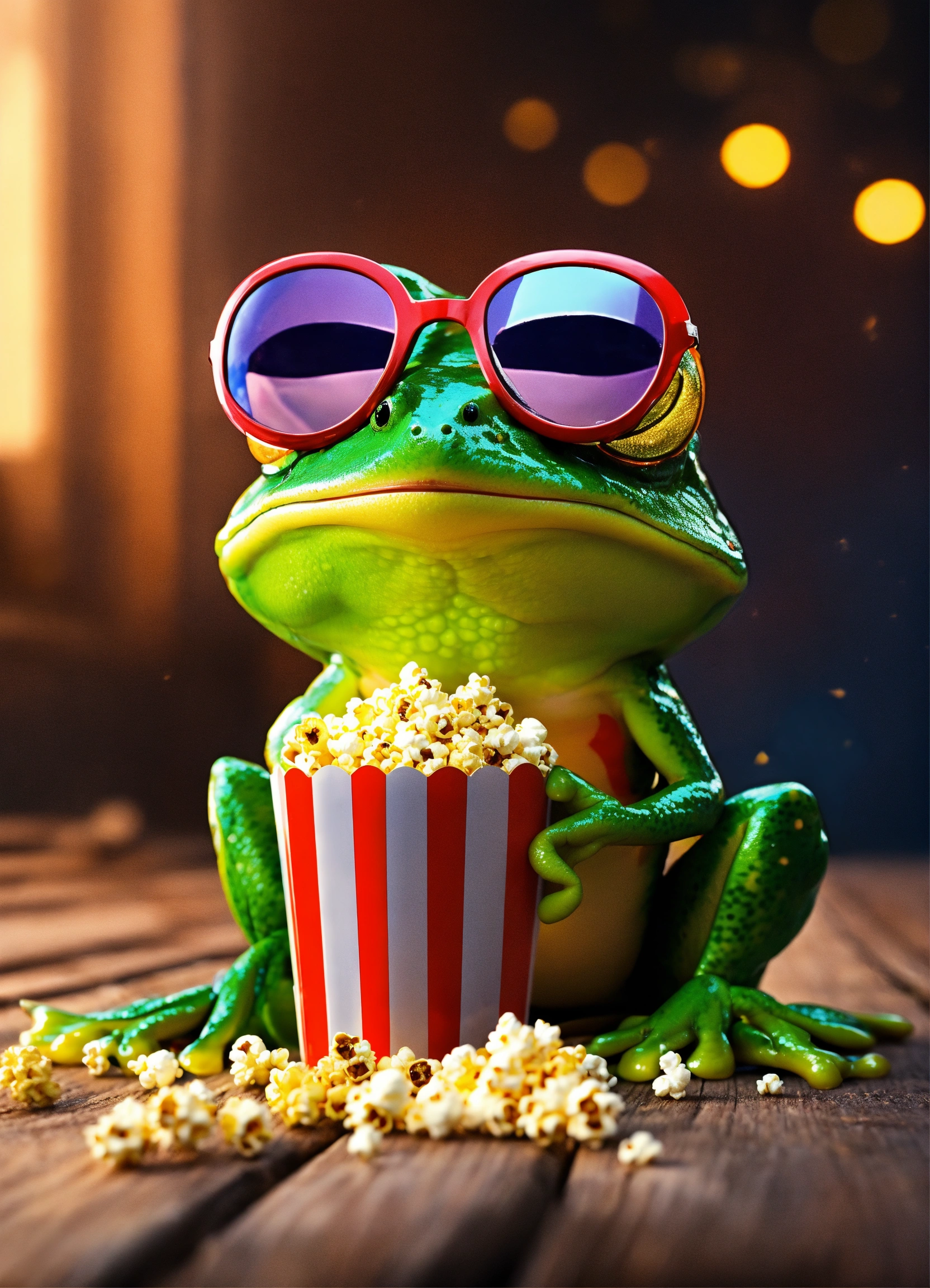 Lexica - Frog in sunglass a glass of popcorn in Pixar style