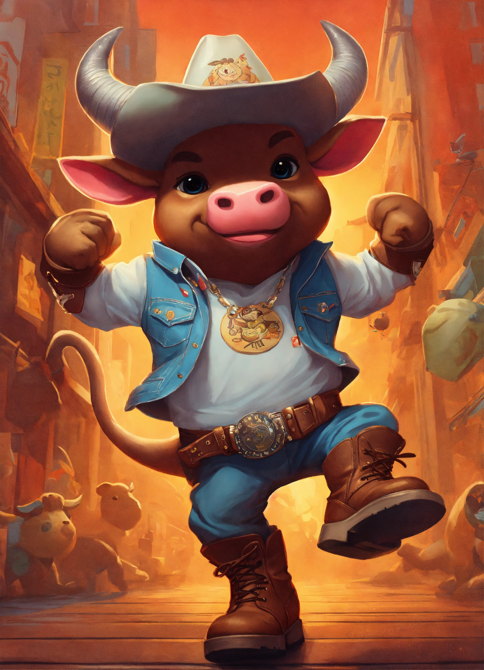 Lexica - Hip hop cute bull, wearing cowboy boots, arms raise, dancing ...