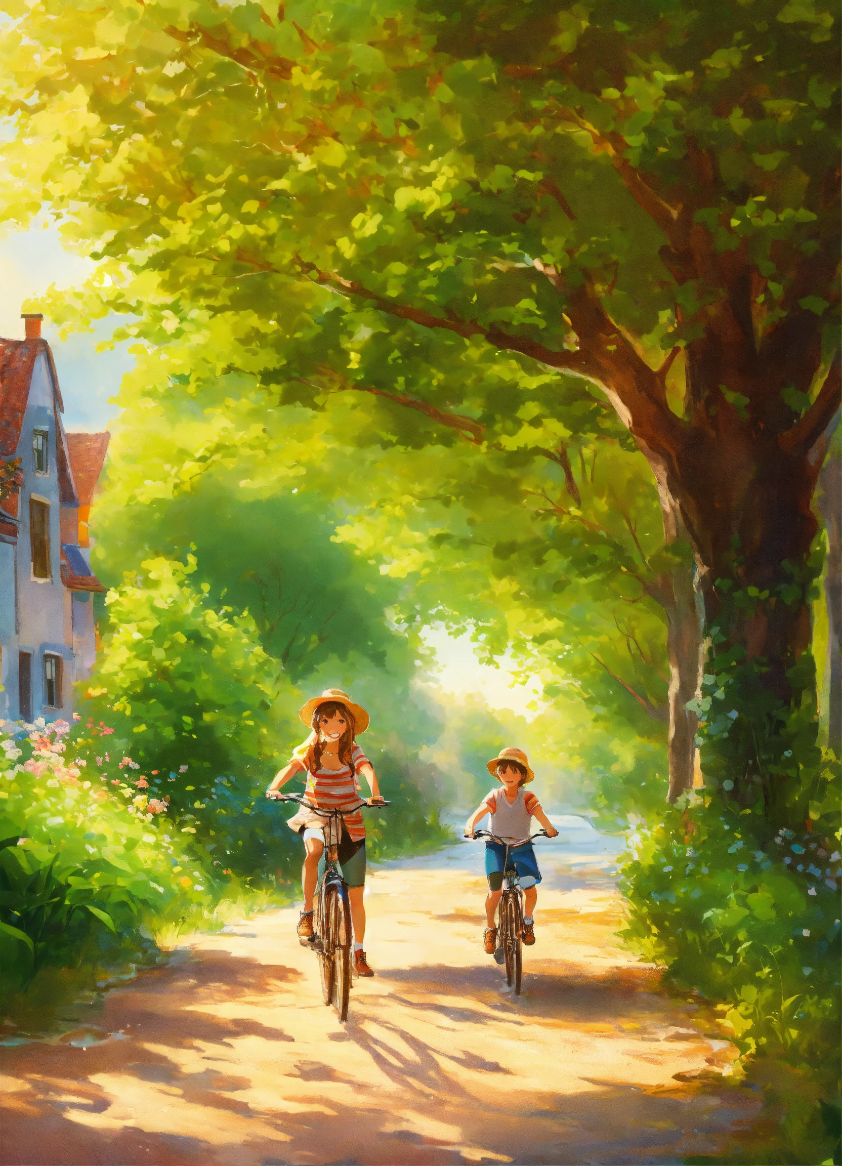 Lexica - Summer, a girl and a boy on bicycles, tree-lined dirt road ...