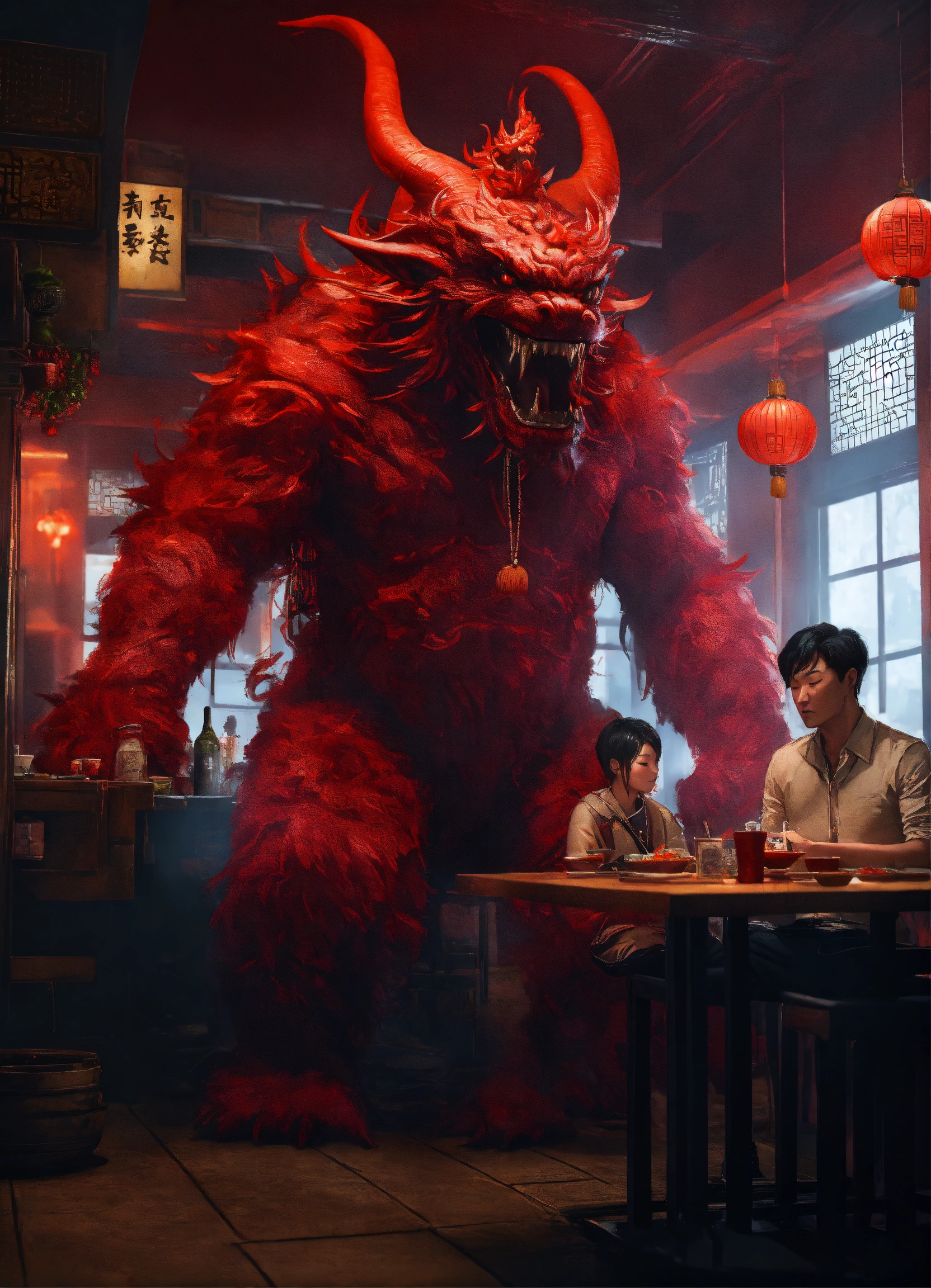 Lexica - A huge red chinese monster is sitting in front of a kitchen ...