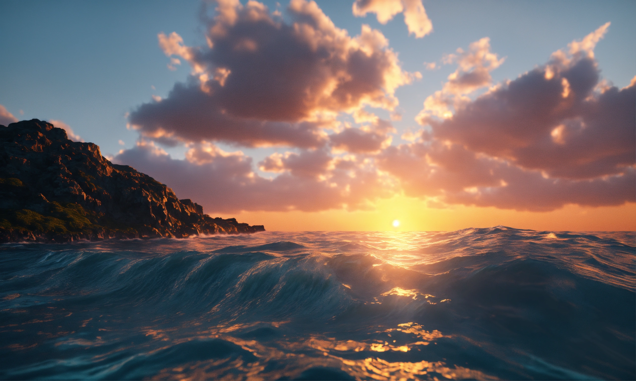 Lexica - 3D ocean scene at sunset hyper realistic and 8k