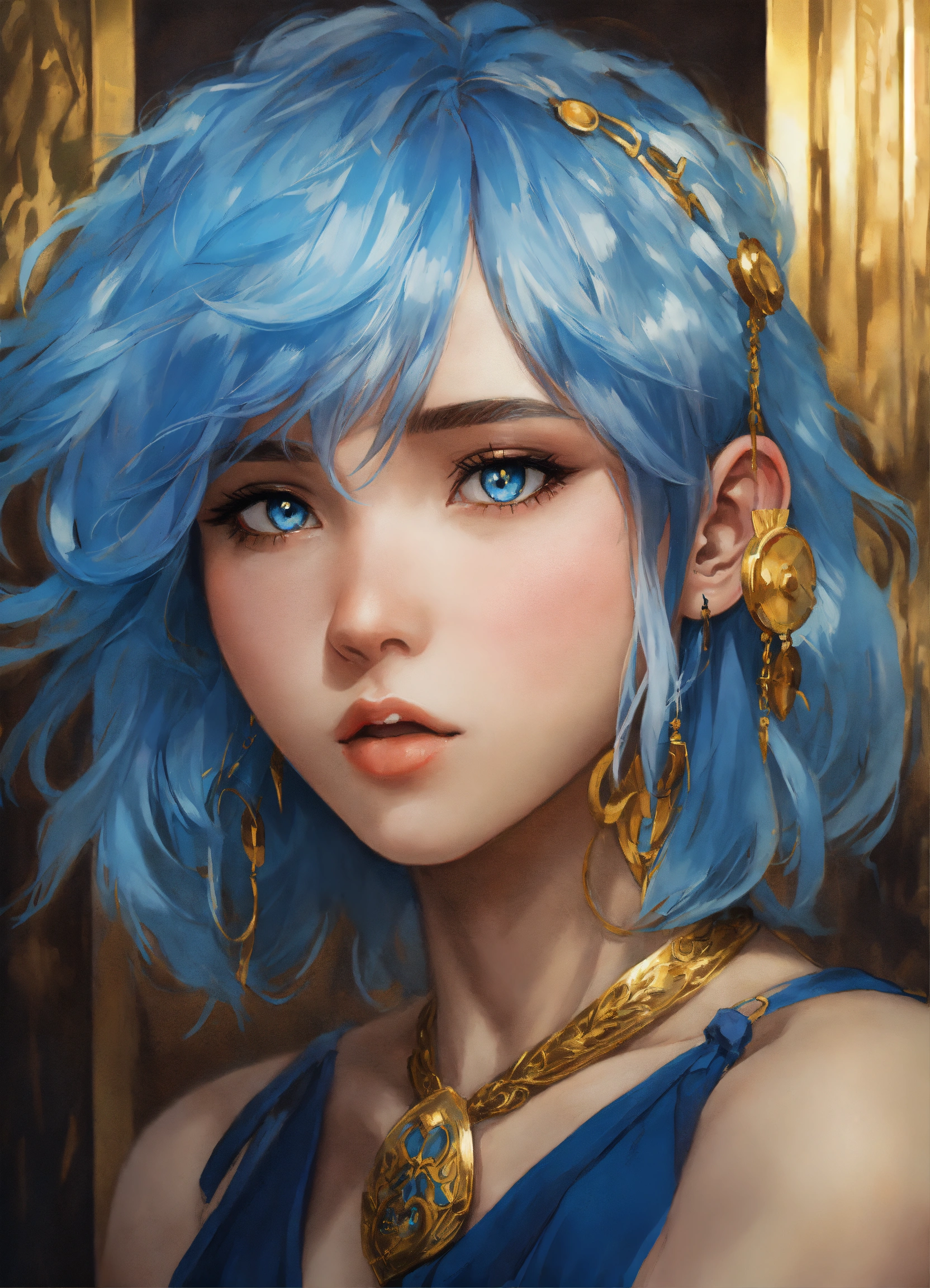 Lexica - Portrait of an anime character hyper realistic blue hair gold eyes