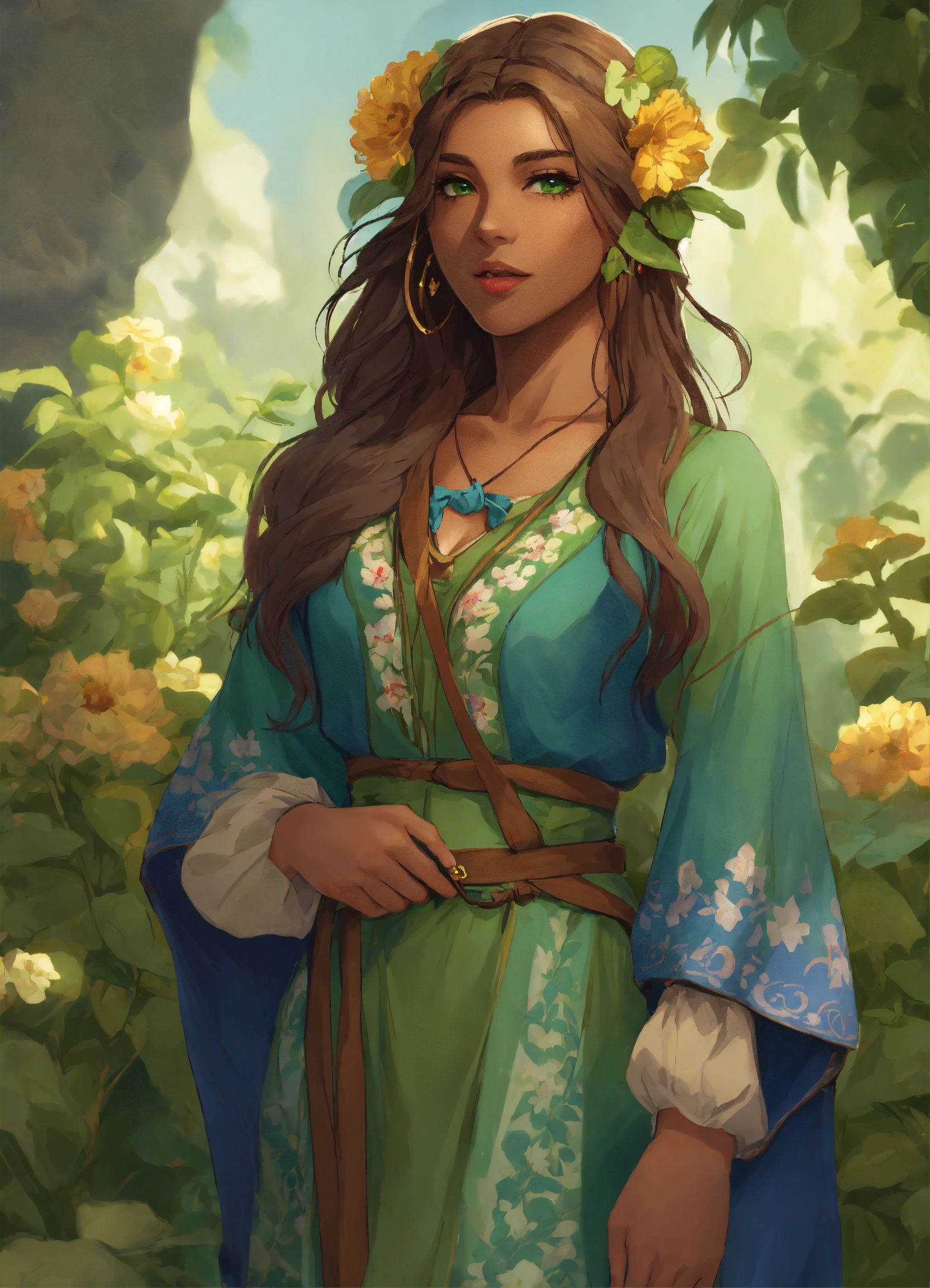 Lexica - Middle-aged woman with pointed ears wearing green and blue ...