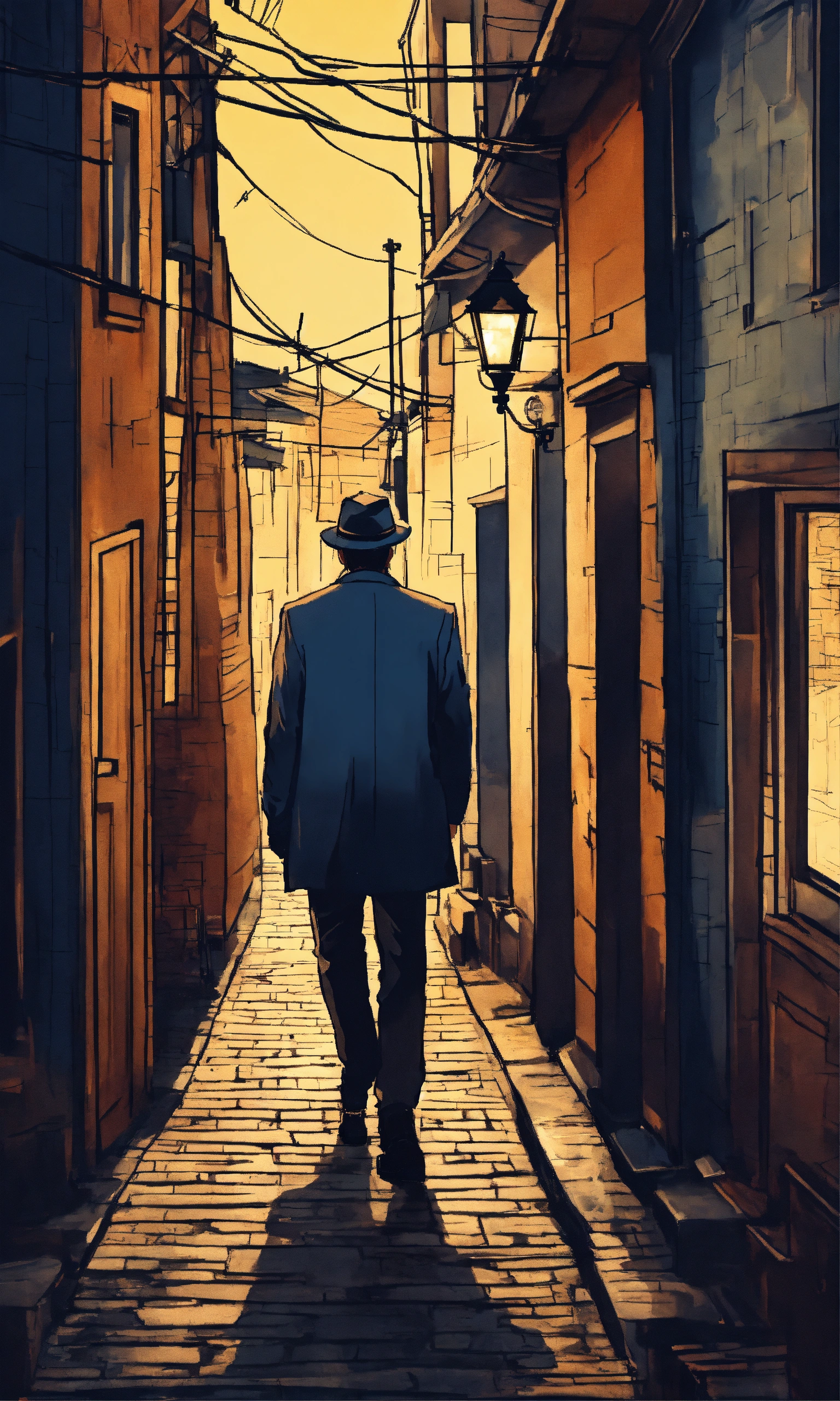 Lexica - Scribbled image of a detective walking down a narrow street at ...