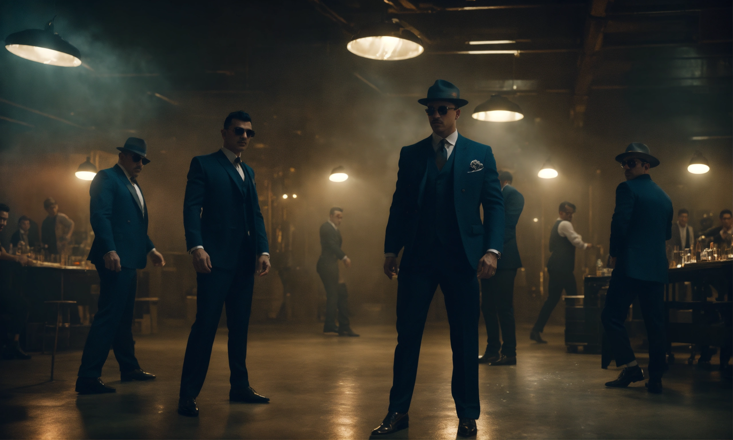 Lexica - Group of mafia gangsters dancing in fashion warehouse, smoky ...