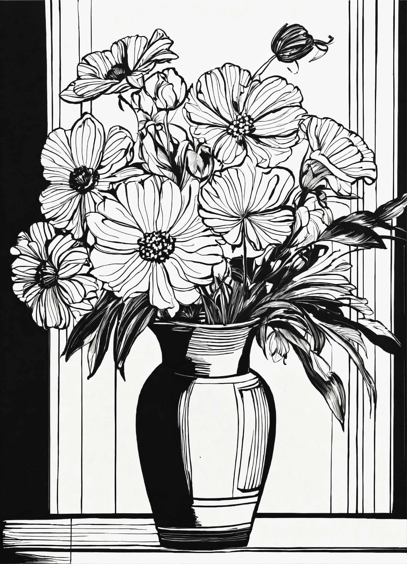 Lexica - Black and white bold line drawing, floral arrangement in vase ...