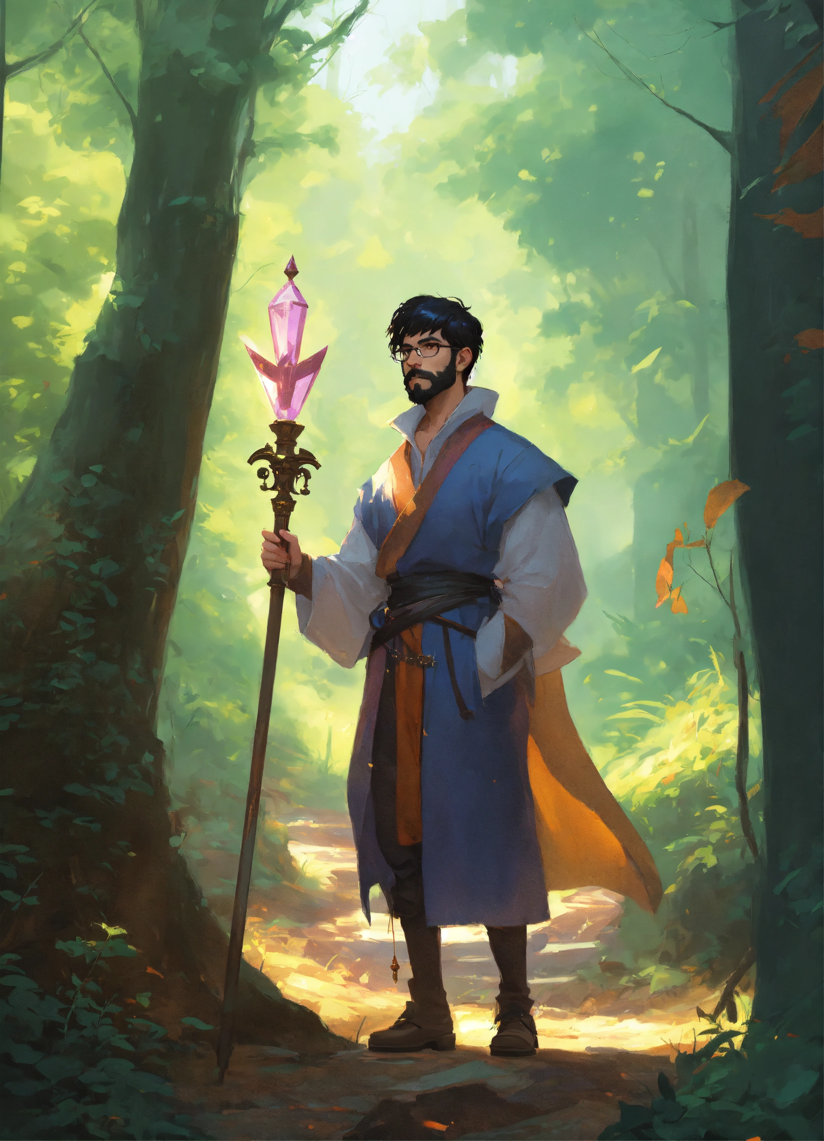 Lexica - A man, mage, in a pastel landscape woods, with short black ...
