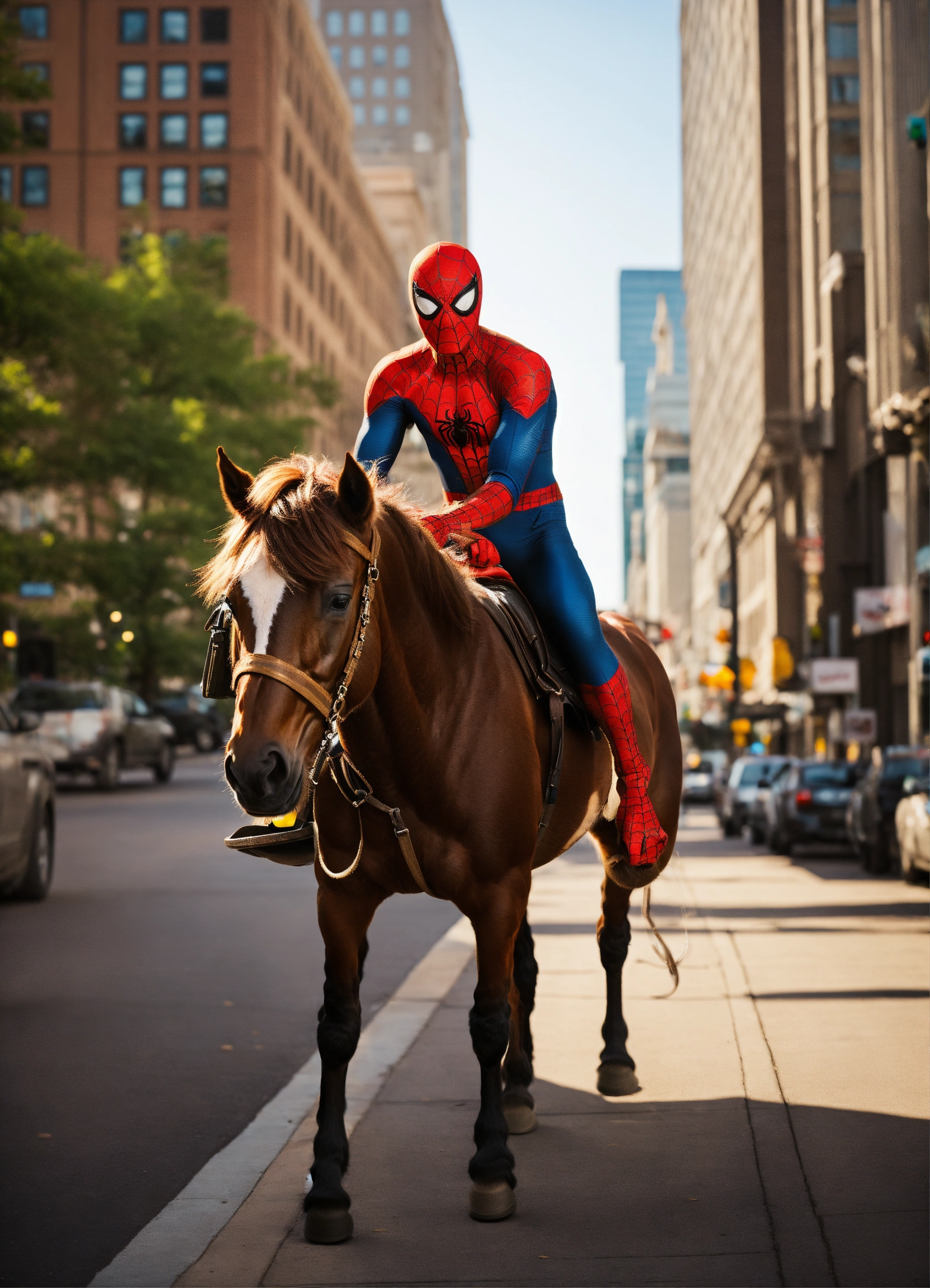 Lexica - Spider man riding a pony to work. downtown. realistic. funny.