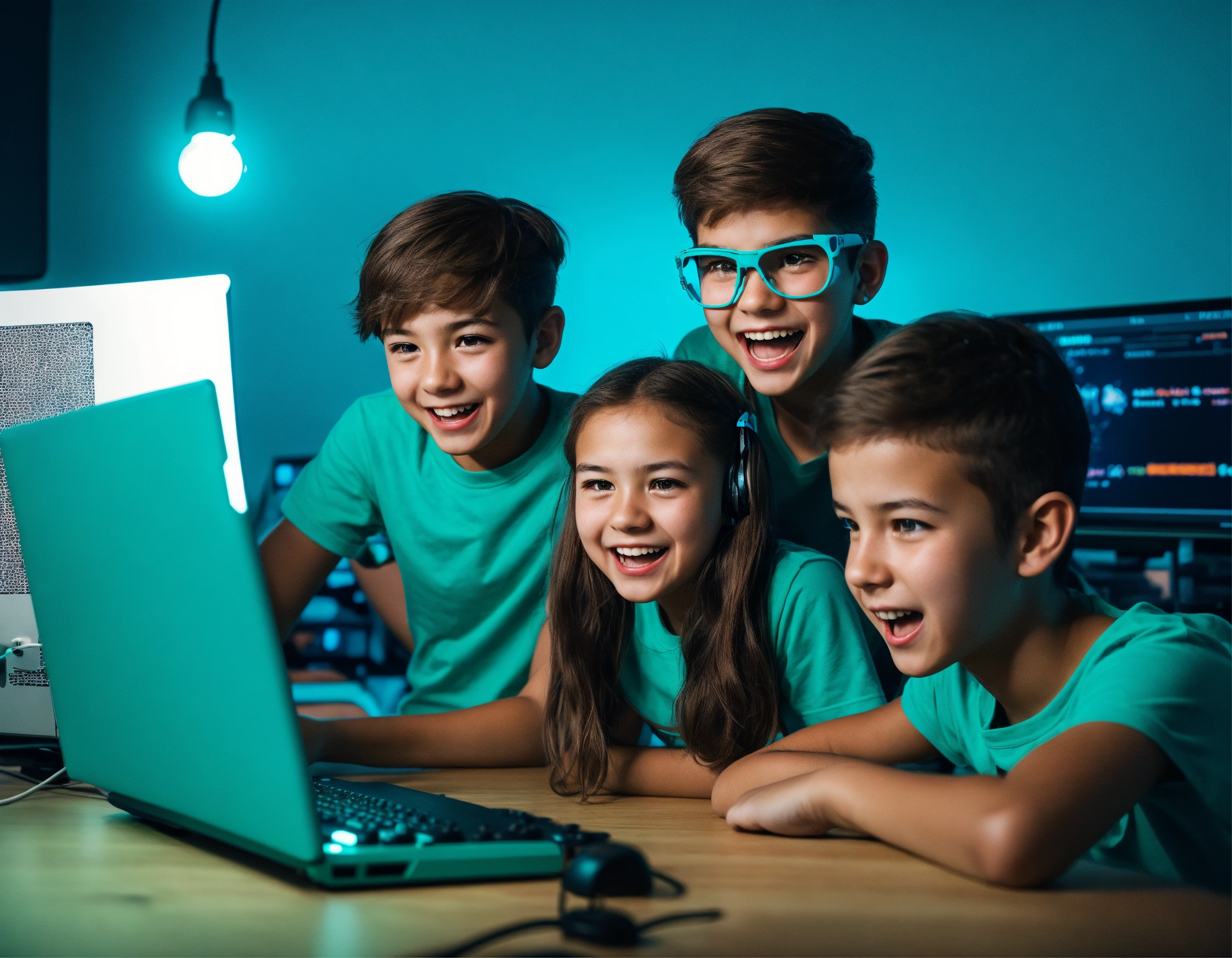 Lexica - Cyan background, gaming, 2 boys and girl with A gaming ...
