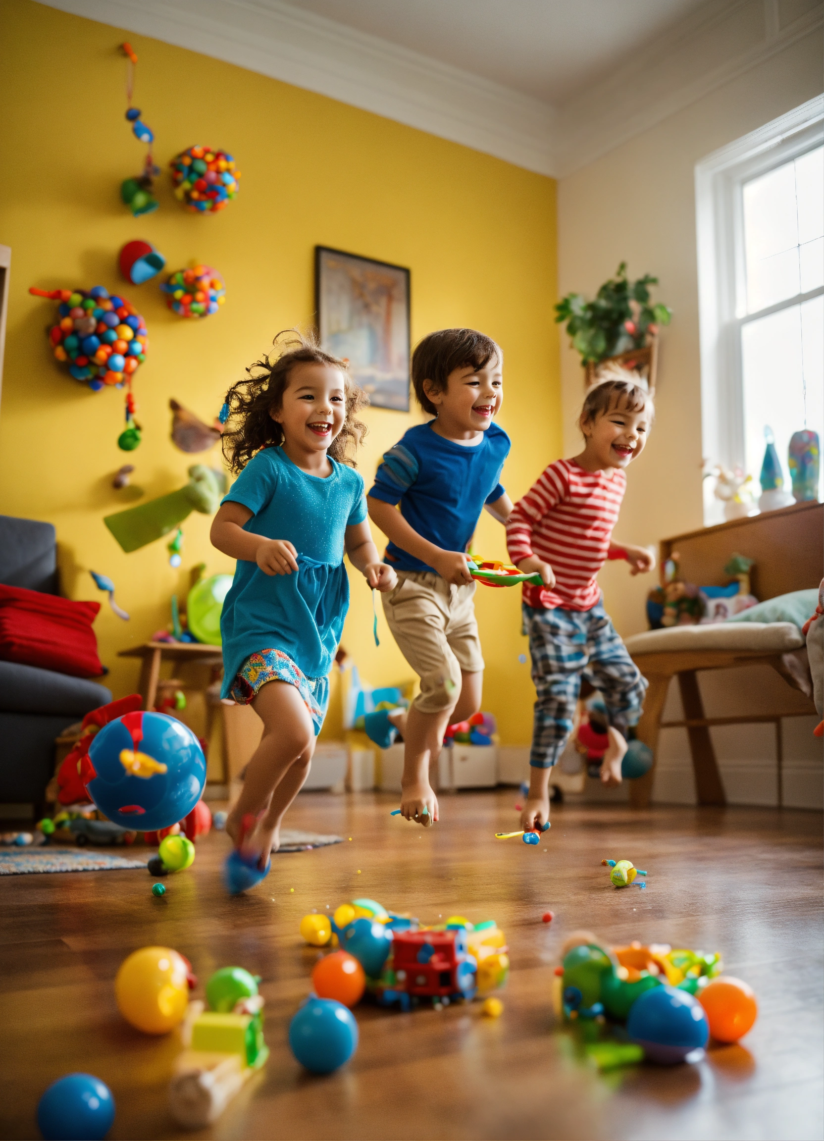 Lexica - Six cheerful and active children scatter toys throughout the house