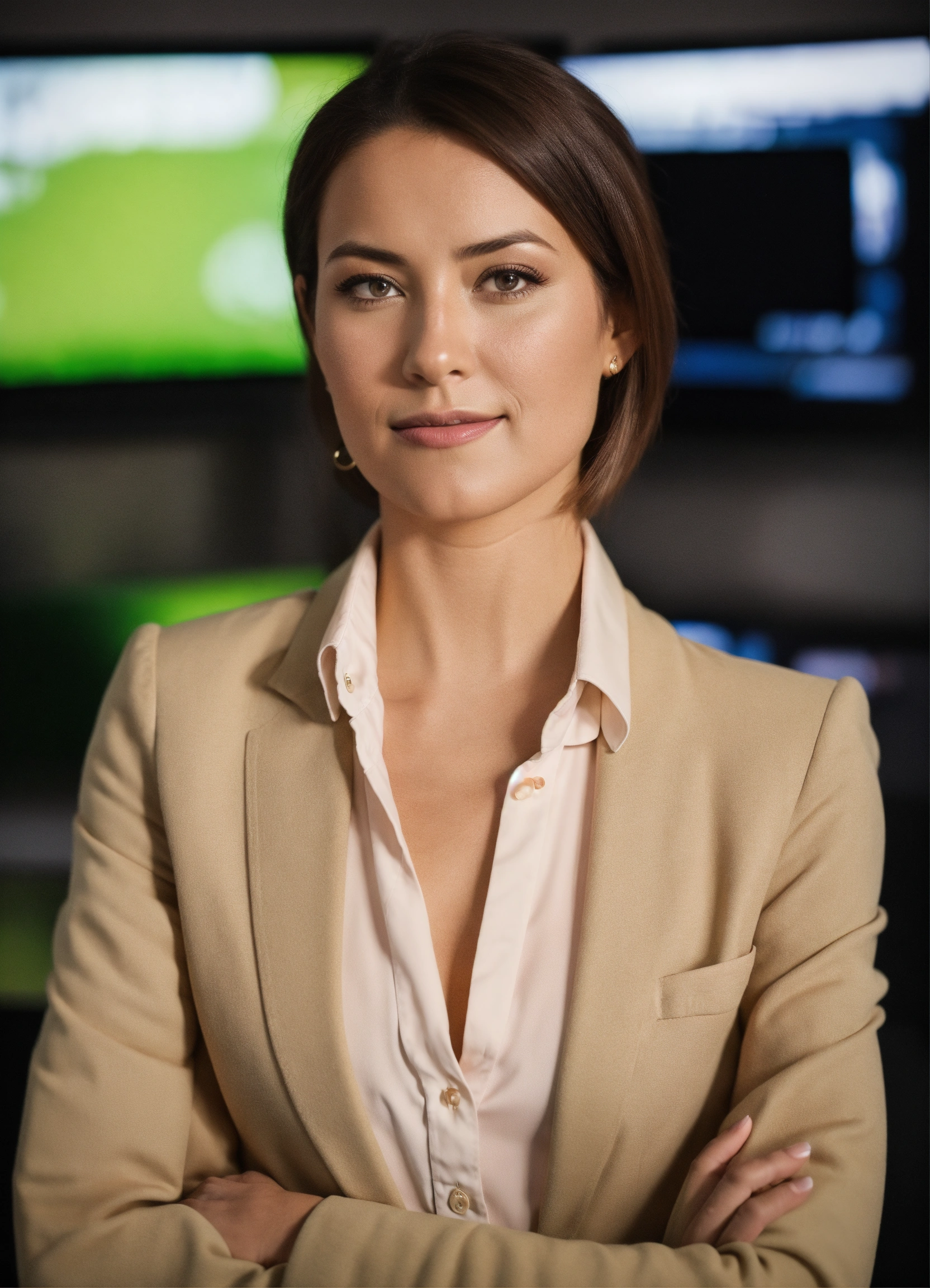 Lexica - Female presenter in a tv set. Half body shot. Neutral expression.