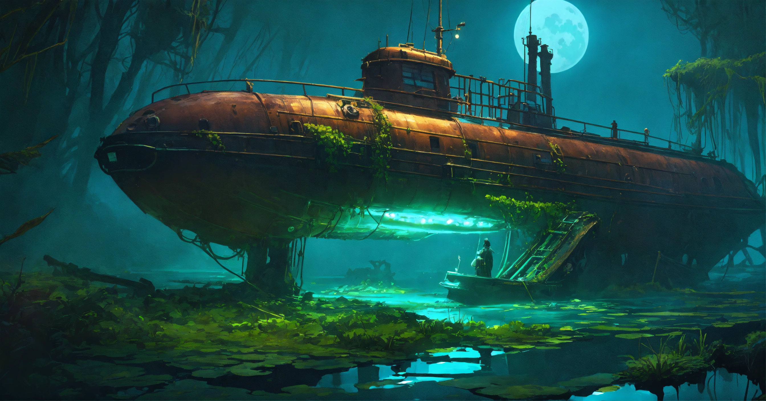 Lexica - Beached heavily overgrown steampunk submersible tilted rusty ...