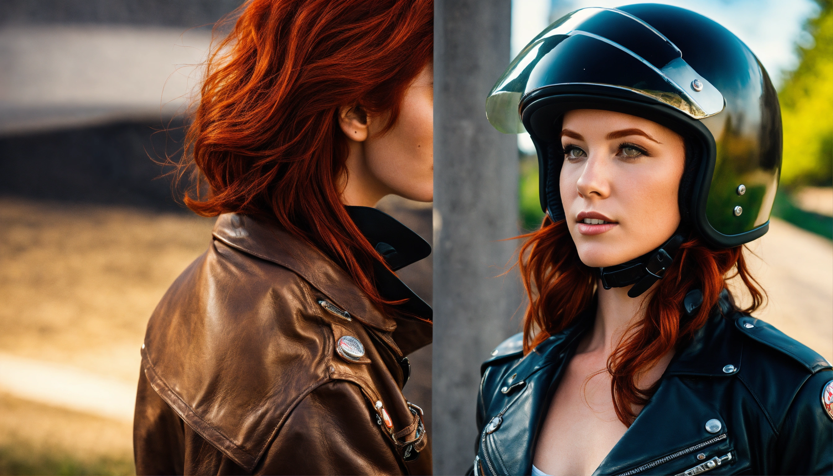 Lexica - Generate images of a redhead woman dressed as a motorcyclist ...